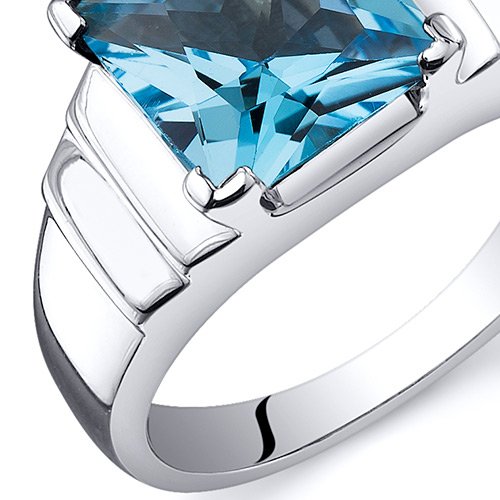 PEORA Swiss Blue Topaz Ring in Sterling Silver, Designer Tiered Solitaire, 2.75 Carats Princess Cut, 7mm, Comfort Fit, Size 8