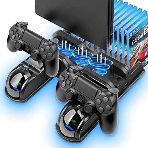 PS4 Stand Cooling Fan Station for Playstation 4/PS4 Slim/PS4 Pro, PS4 Vertical Stand with Dual Controller Port Charger Dock Station, USB Fast Charging Station with LED Indicator,12 Game Slots
