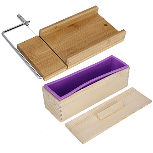 Silicone Soap Molds, DIY Soap Making Kit, Reusable Hand‑Made Soap Cutter, Wooden Soap Molds DIY Crafts Accessory for Making Soap Candle Bread Chocolate (with lid)