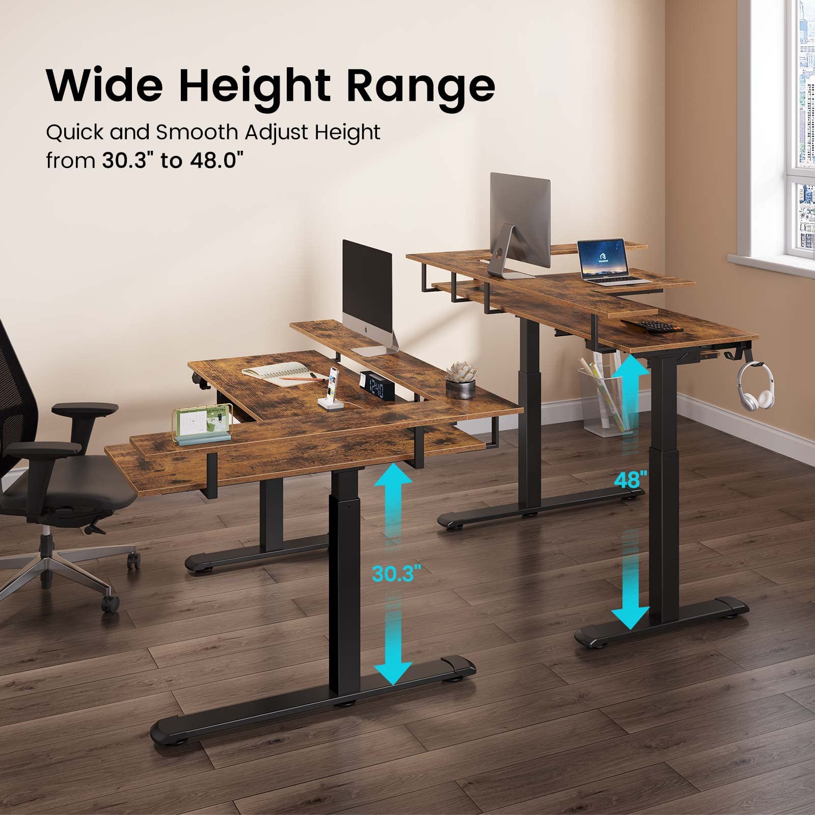 Rolanstar L Shaped Standing Desk with LED Light and Power Outlet, Dual Motor Height Adjustable Electric Standing Desk with Monitor Stand & Keyboard Tray, 61.2" Sit Stand Desk Rustic Brown