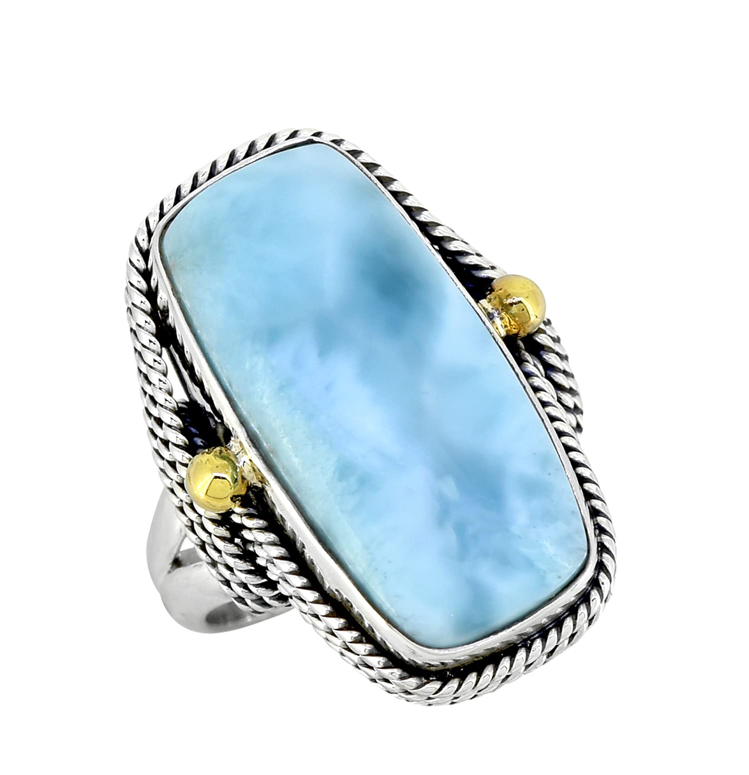 YoTreasure 11x22 MM Larimar Chunky Ring .925 Sterling Silver with Brass Accents