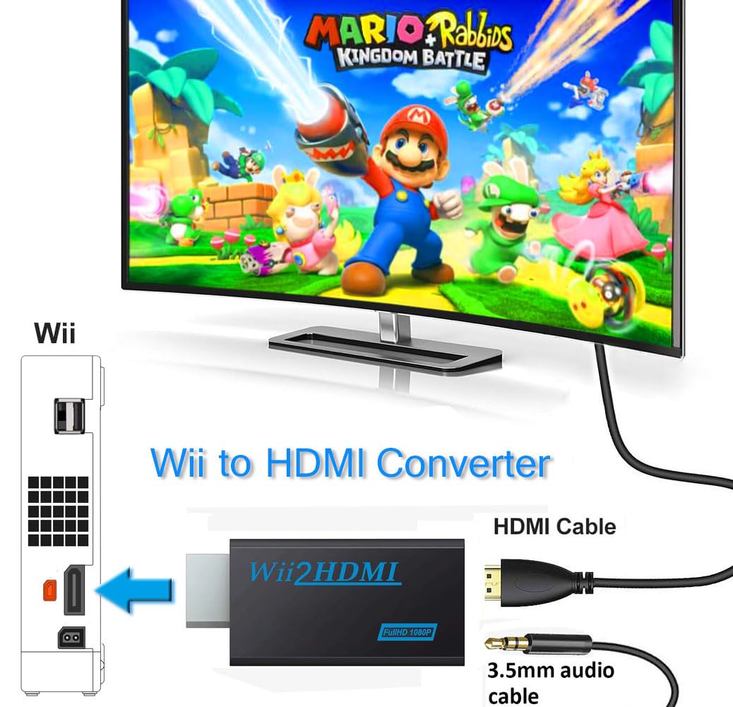 sartyee Wii Hdmi Converter Adapter, Wii 2 to Hdmi 1080P Connector Output Video 3.5mm Audio - Supports All Wii Display Modes, Black