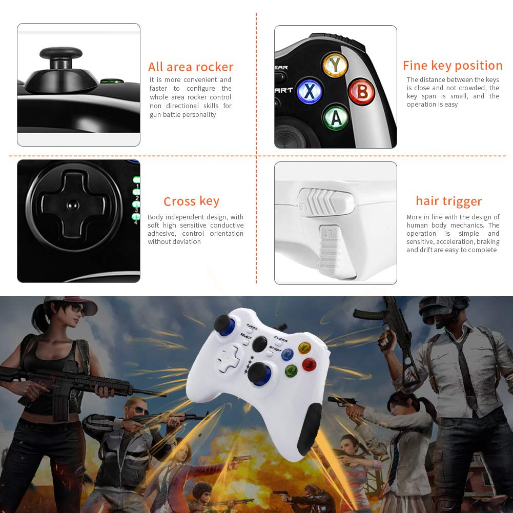 Wired PC Game Controller,Video Game Gamepad,with Dual-Joystick,Vibration Motors,7.2 feet USB Cable,Compatible with PC Windows,PS3,Android TV Box (White)