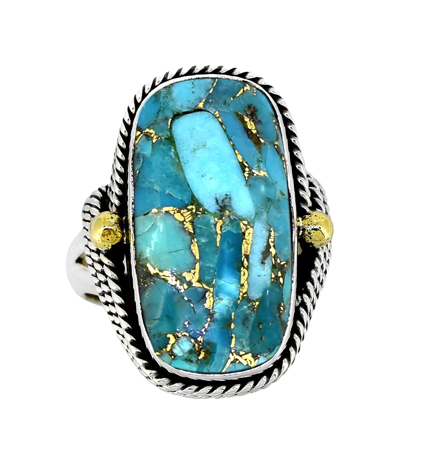 YoTreasure Blue Copper Turquoise Solid 925 Sterling Silver Brass Statement Ring Jewelry