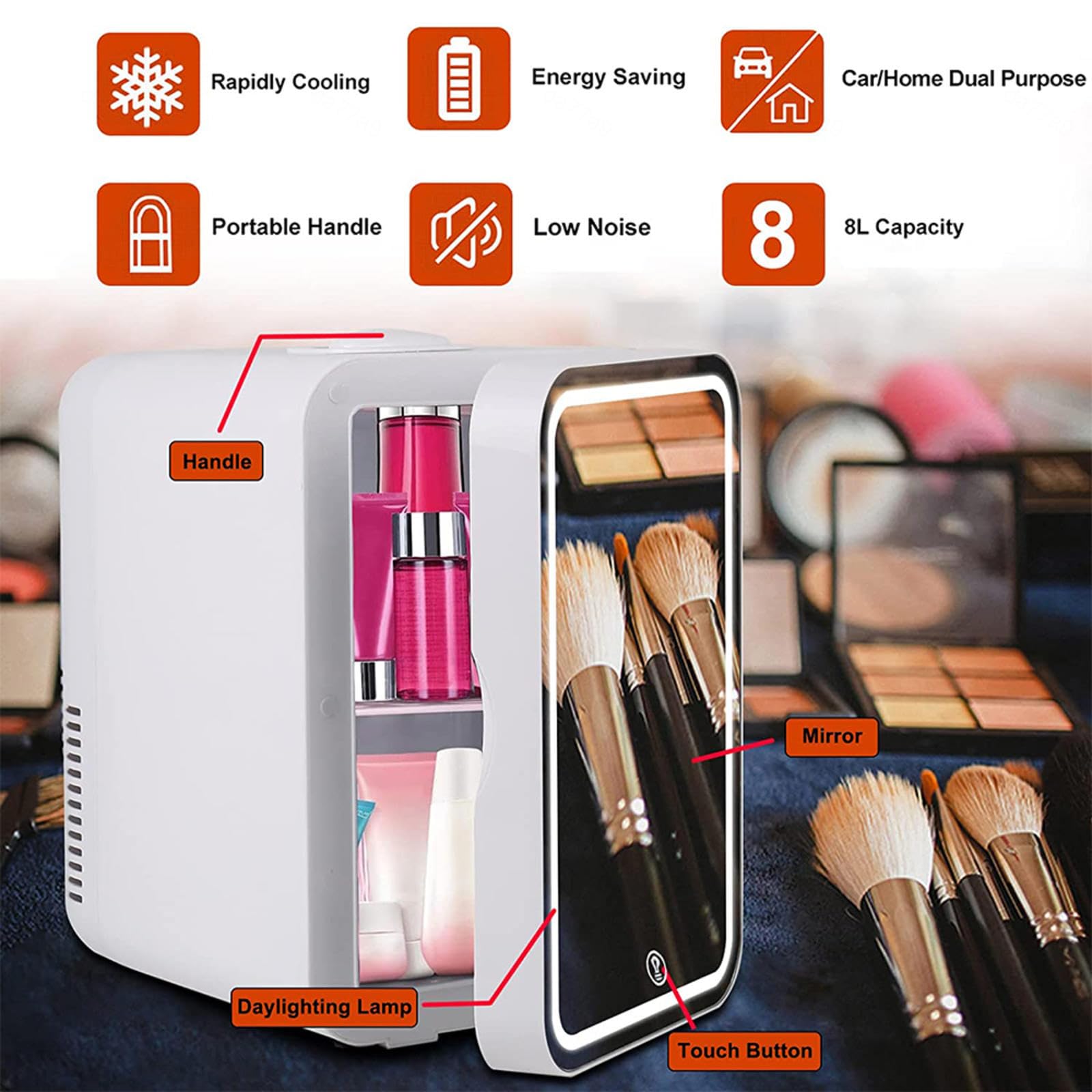 Skincare Fridge With Mirror, With Led Mirror, 8L Capacity Skin Care Mini Fridge, Hot And Cold, Car And Home Dual Use Desktop Mini Fridge, Best Gift For Women,White
