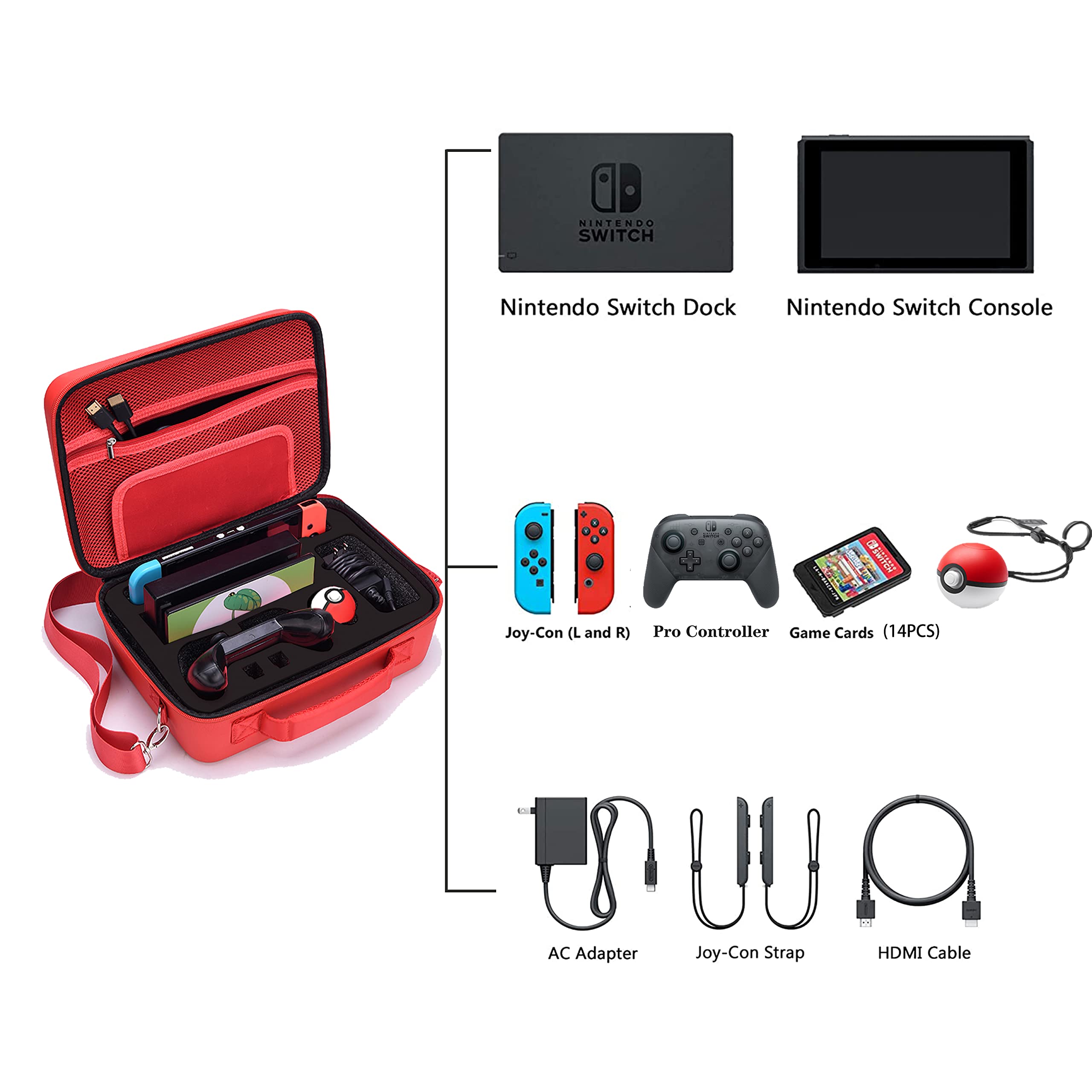 YUESUO Hard Shell Leather Travel case for Nintendo Switch, Carrying cases with shoulder strap & handle, fits pro controller &joy con grip, switch dock, etc.(Pokemon, Inner Black