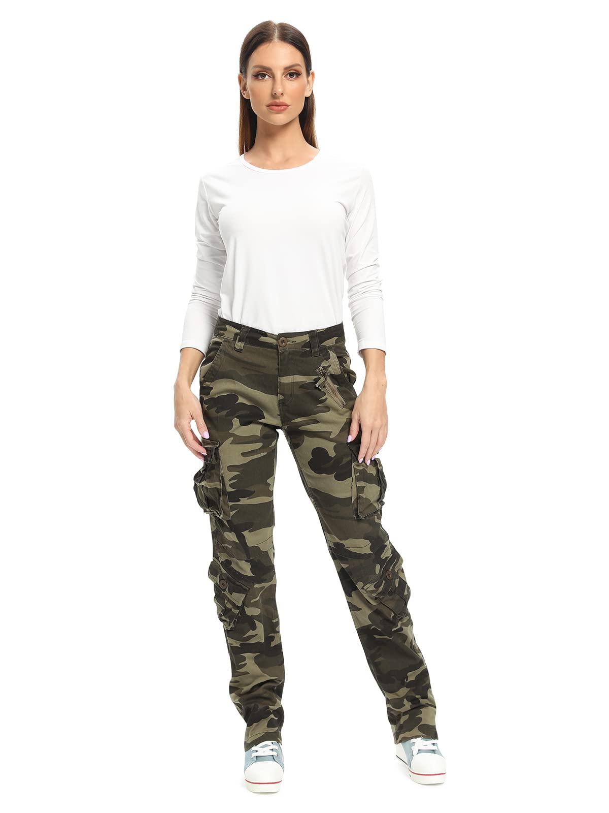 OCHENTA Camouflage Cargo Pants for Women Stretch Combat Tactical Army Military Casual Work Travel with 8 Pockets Camo 169 Size 4