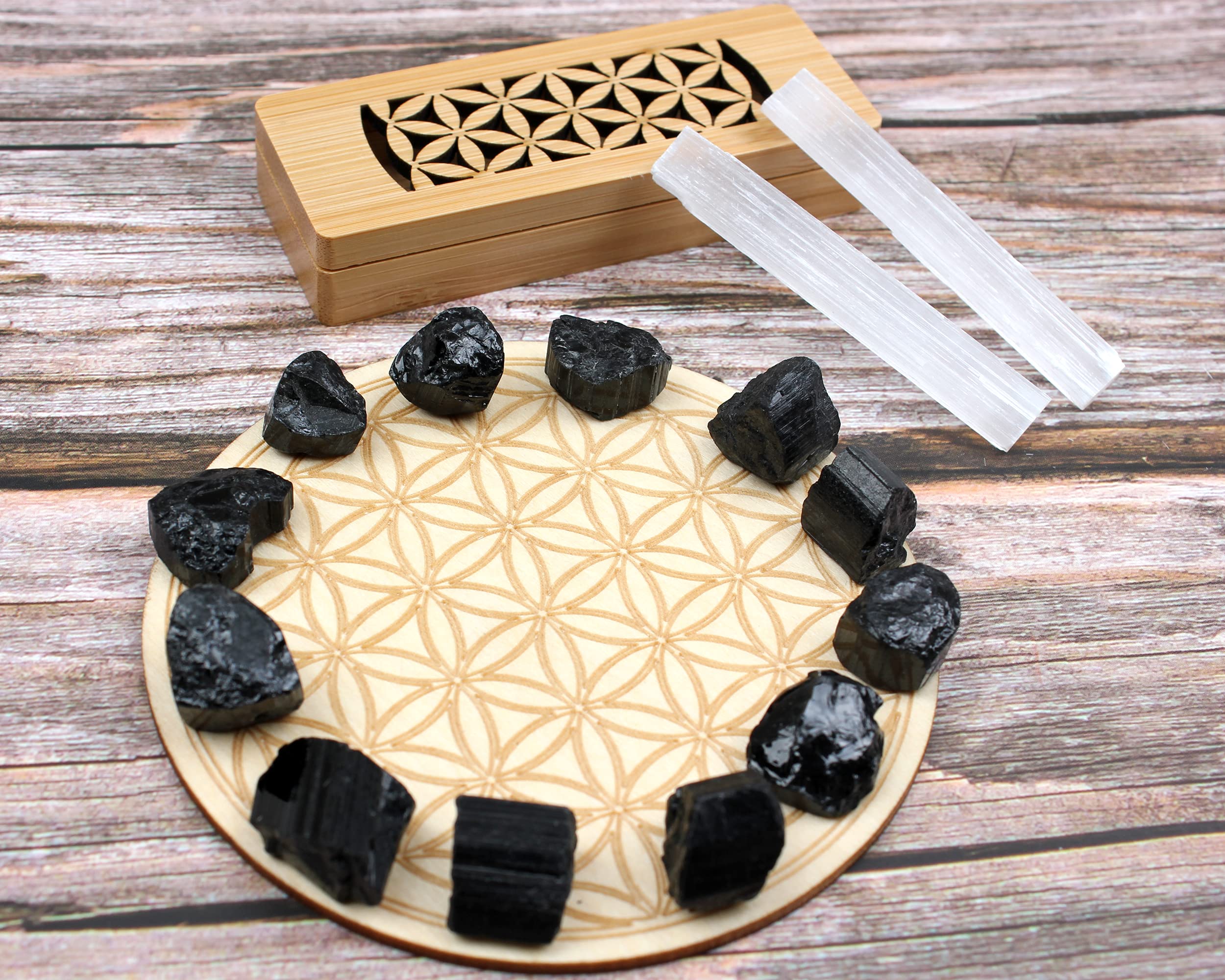 Yunoun Bulk Selenite Sticks & Black Tourmaline for Clearing Energy,Reiki,Protection Grids, Charging Healing (28 pcs)