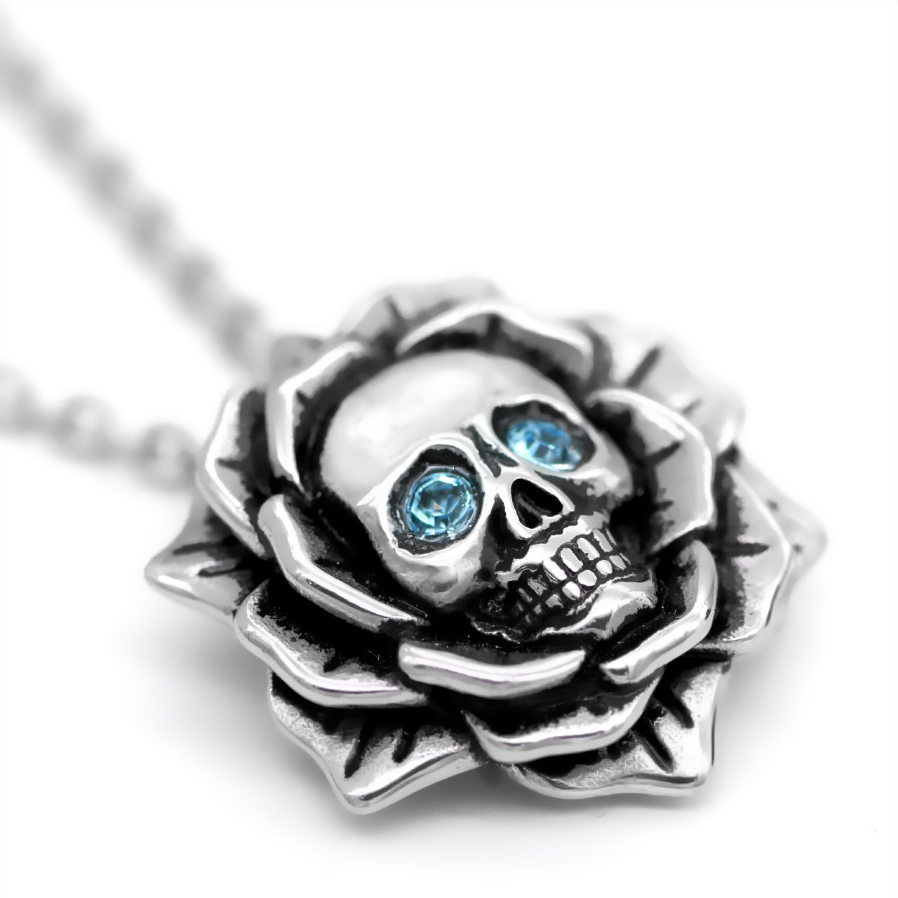 Skull Rose Birthstone Necklace With Crystal 17" - 19" Adjustable Chain (03-March β Blue)