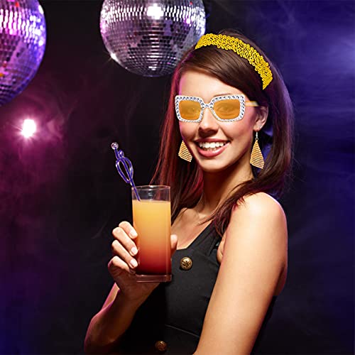 Yewong 5 Pieces 70s Retro Disco Accessories Set Oversize Square Sparkling Sunglasses Rhinestone Choker Bling Headband Cuff Bangle Bracelet Drop Dangle Earrings (Gold Set)
