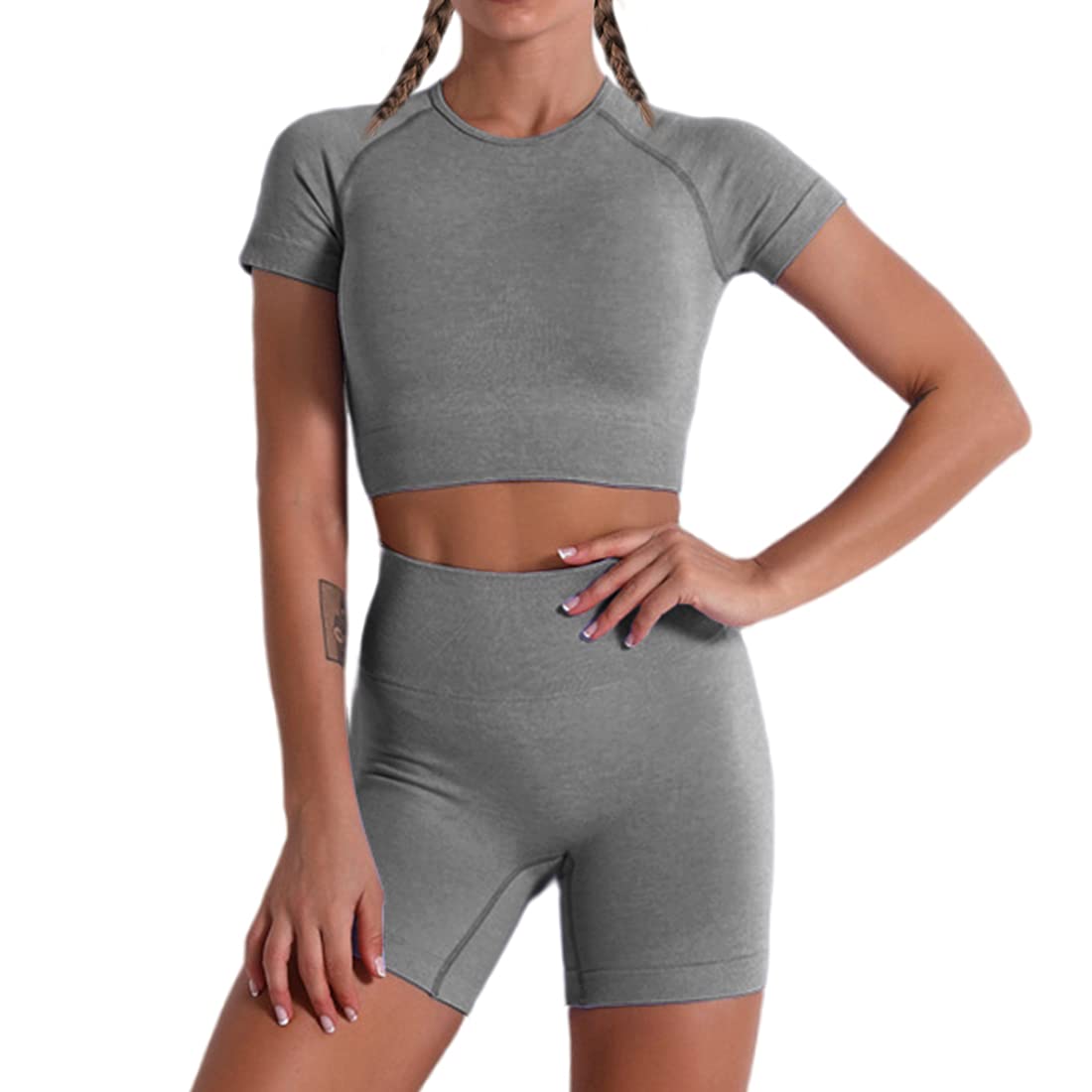 YR.Lover Women Seamless Yoga Workout Set 2 Piece High Waisted Outfits Sets Crop Tops Exercise Shorts Tracksuits Grey