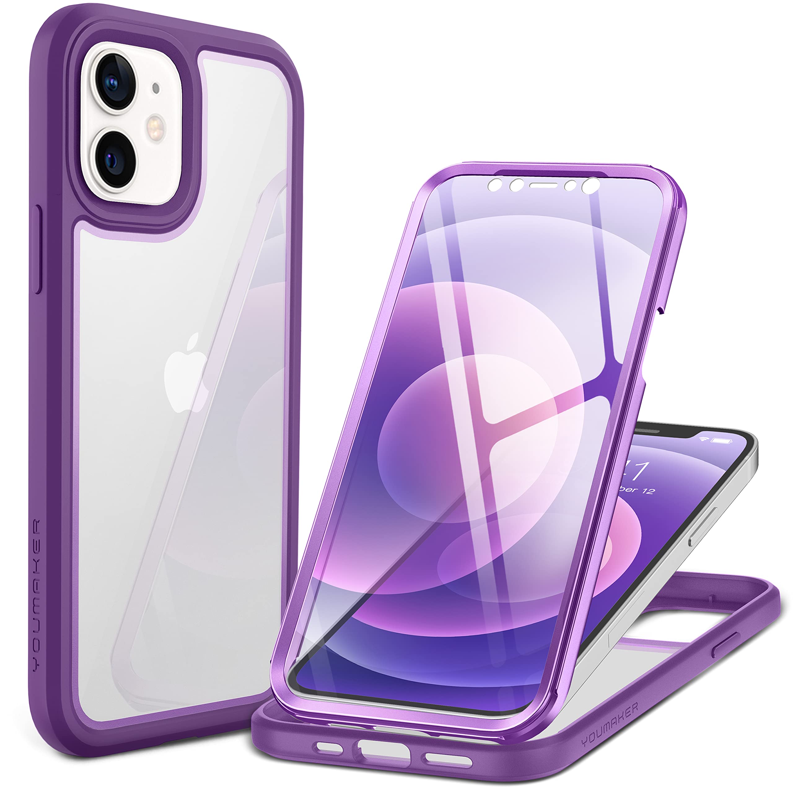 YOUMAKER [2021 Upgraded] Aegis Series for iPhone 12 Case & iPhone 12 Pro Case, Full-Body with Built-in Screen Protector Rugged Clear Case for iPhone 12/12 Pro Case 6.1 Inch - Purple