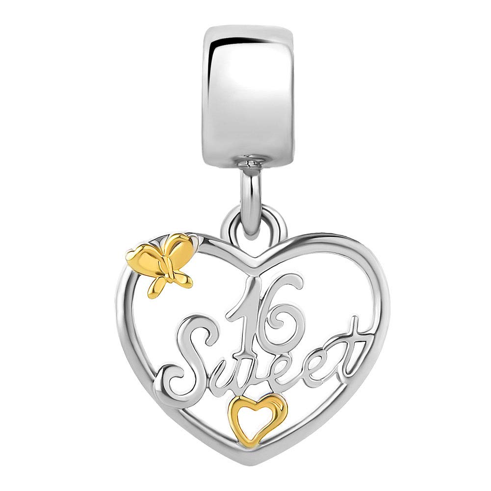 ShinyJewelry Sweet 16 Birthday Love Heart Butterfly Charm Dangle Bead For Bracelet