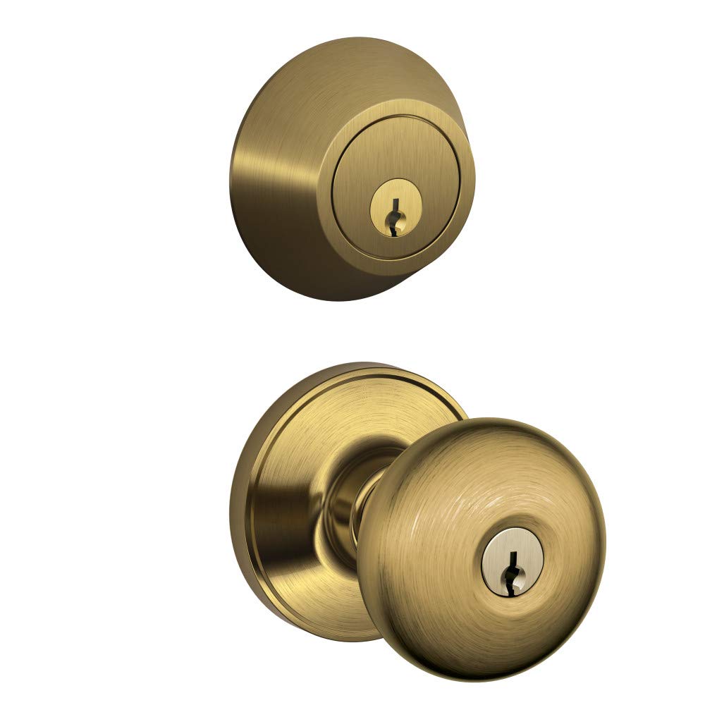 SCHLAGE JC60 V STR 609 y Schlage JC60V STR 609 Security Set Single Cylinder Deadbolt and J54 Keyed Entry Stratus Knob, Antique Brass Finish