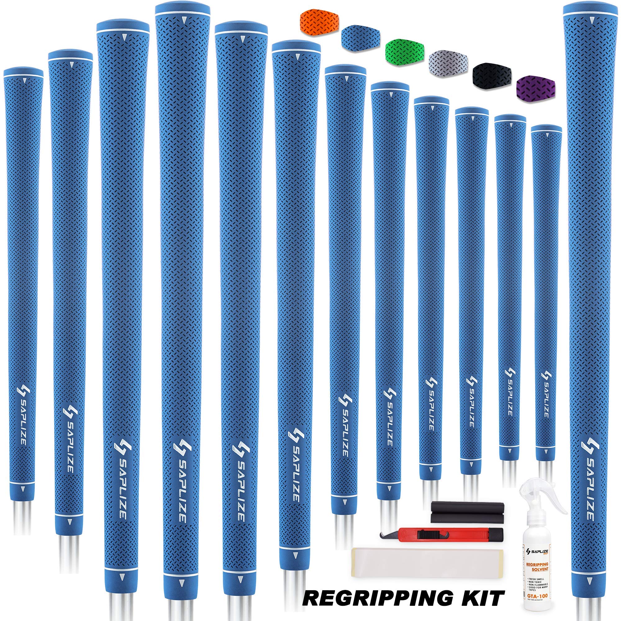 SAPLIZE Rubber Golf Grips, 13 Grips with Complete Regripping Kit, Standard Size, Golf Club Grip, Blue