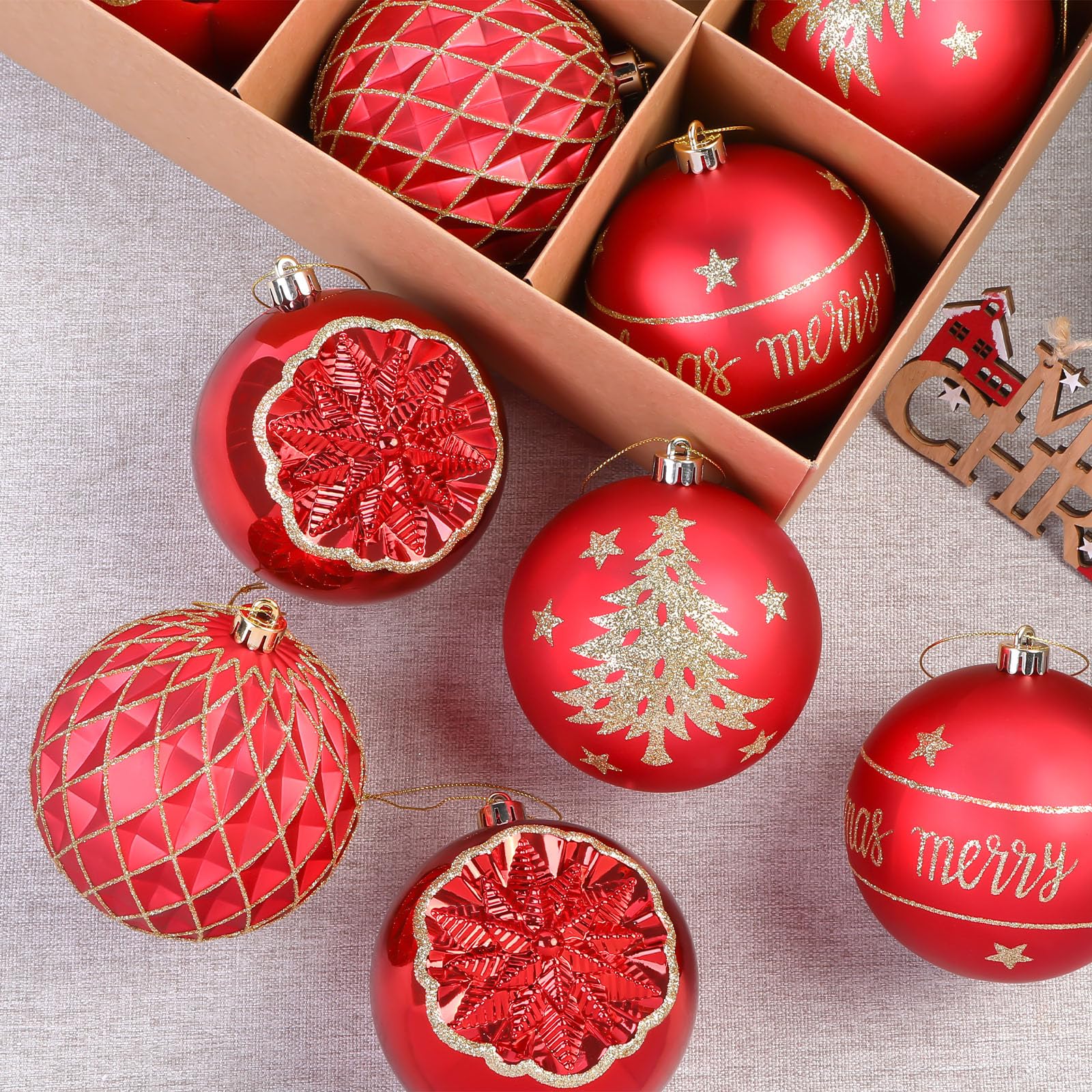 SHareconn 100MM/4 Inch 9PCS Large Christmas Balls Ornaments, Shatterproof Plastic Hanging Big Baubles Set for Xmas Tree Decoration Holiday Party Wedding Decorations with Hook, Red