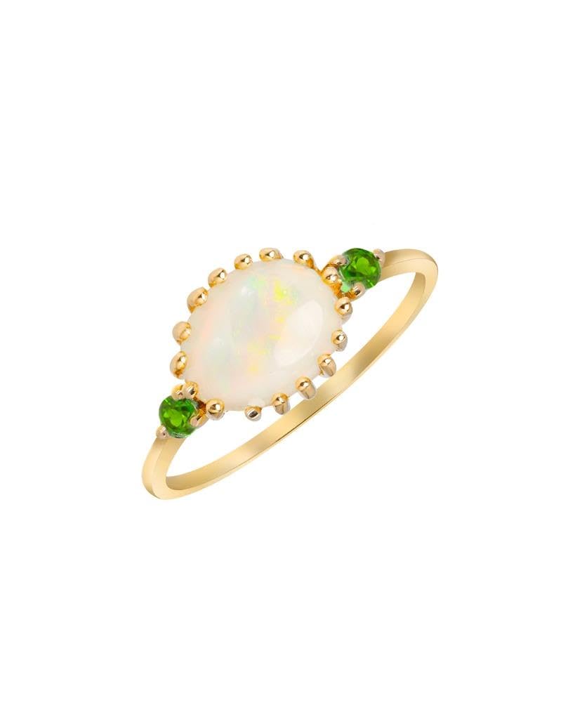 YoTreasure 1.09 Ct. Genuine Ethiopian Opal Chrome Diopside Promise Ring 14K Yellow Gold Gemstone Jewelry