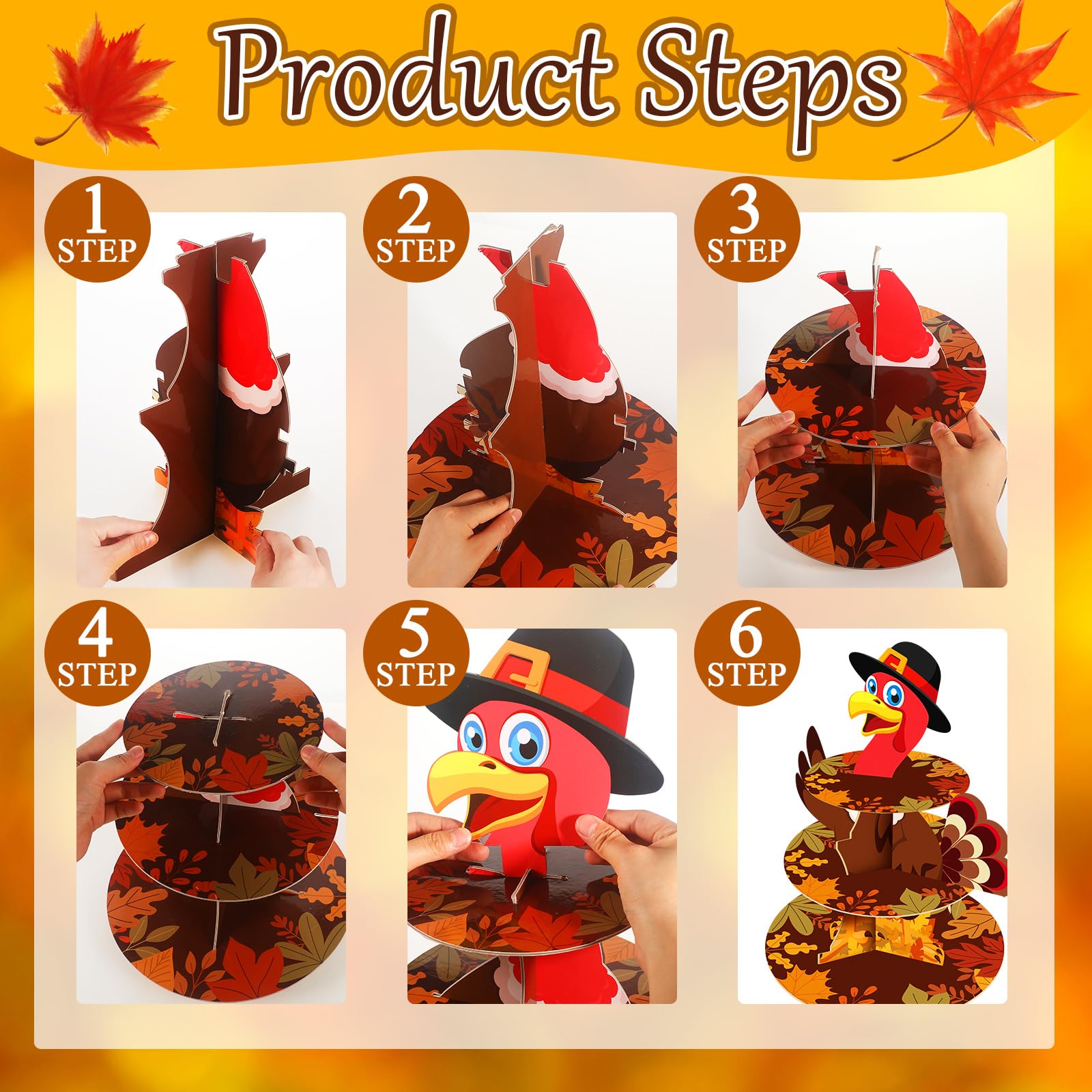 Uiifan Thanksgiving Day Cupcake Stand 3 Tiers Turkey Maple Leaf Cardboard Cake Dessert Holder Tower Cookie Trays for Fall Autumn Thanksgiving Decorations Party Supplies