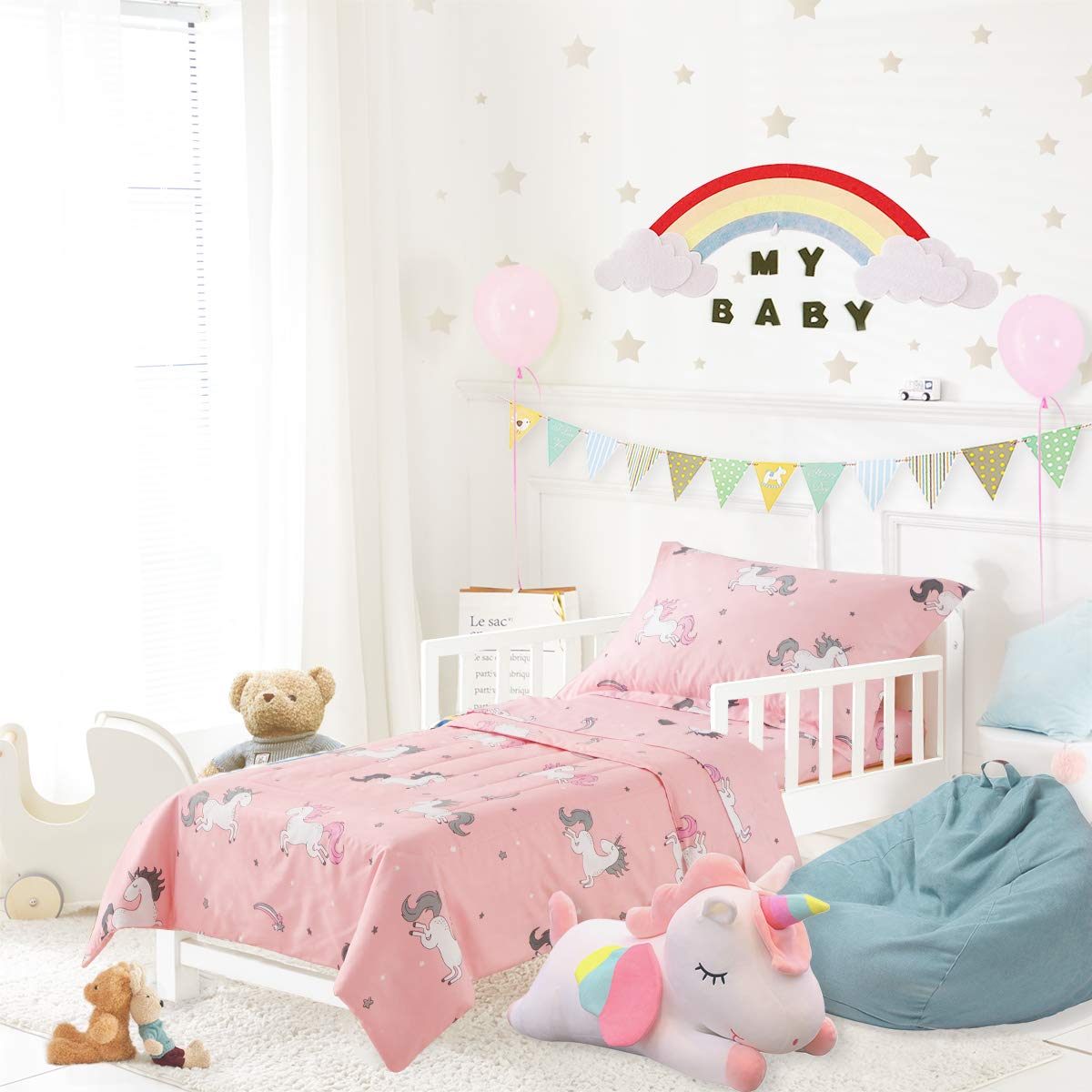 UOZZI BEDDING Unicorn 4 Pieces Toddler Bedding Set with Colorful Rainbow Stars Pink Cute Girls Toddler Bed Comforter Sheet Set and Pillowcases