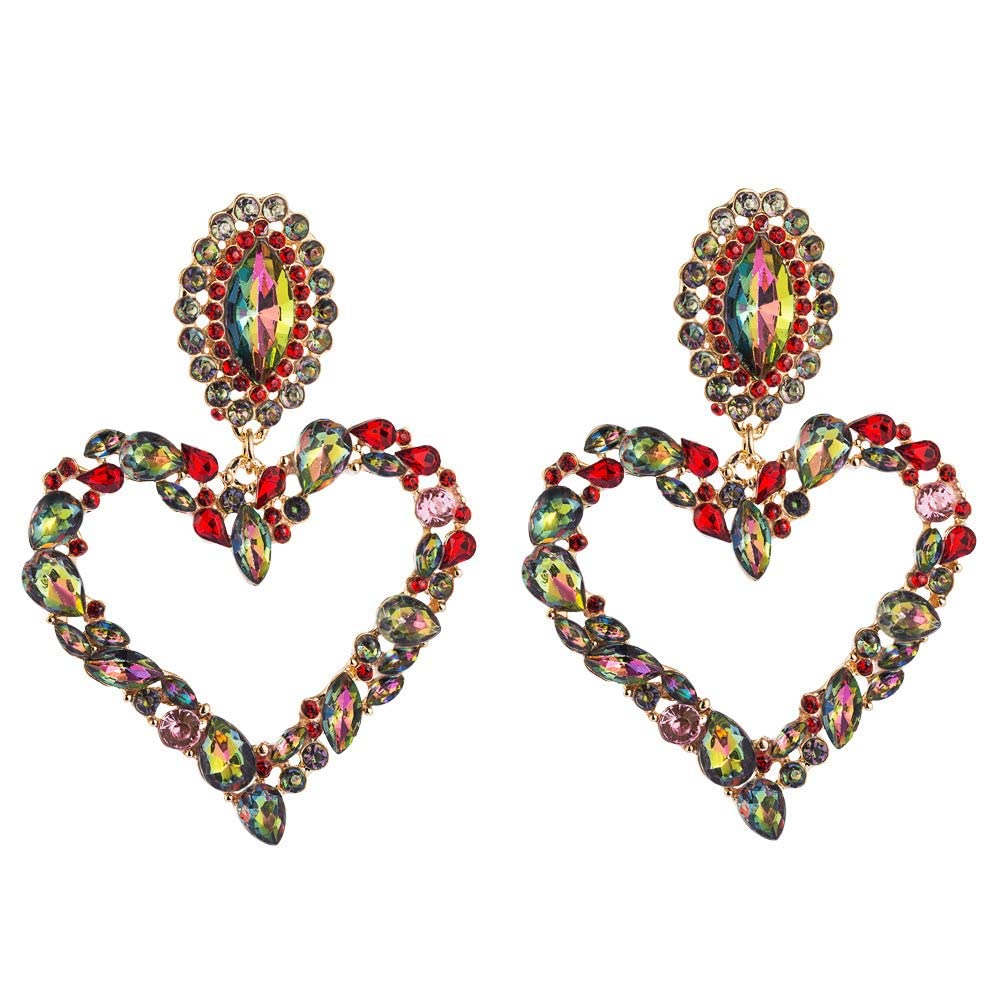 Xerling Large Heart Rhinestone Crystal Dangle Earrings Statement Drop Earrings for Women Girls Brides Love Heart Stud Earrings (Colorful)