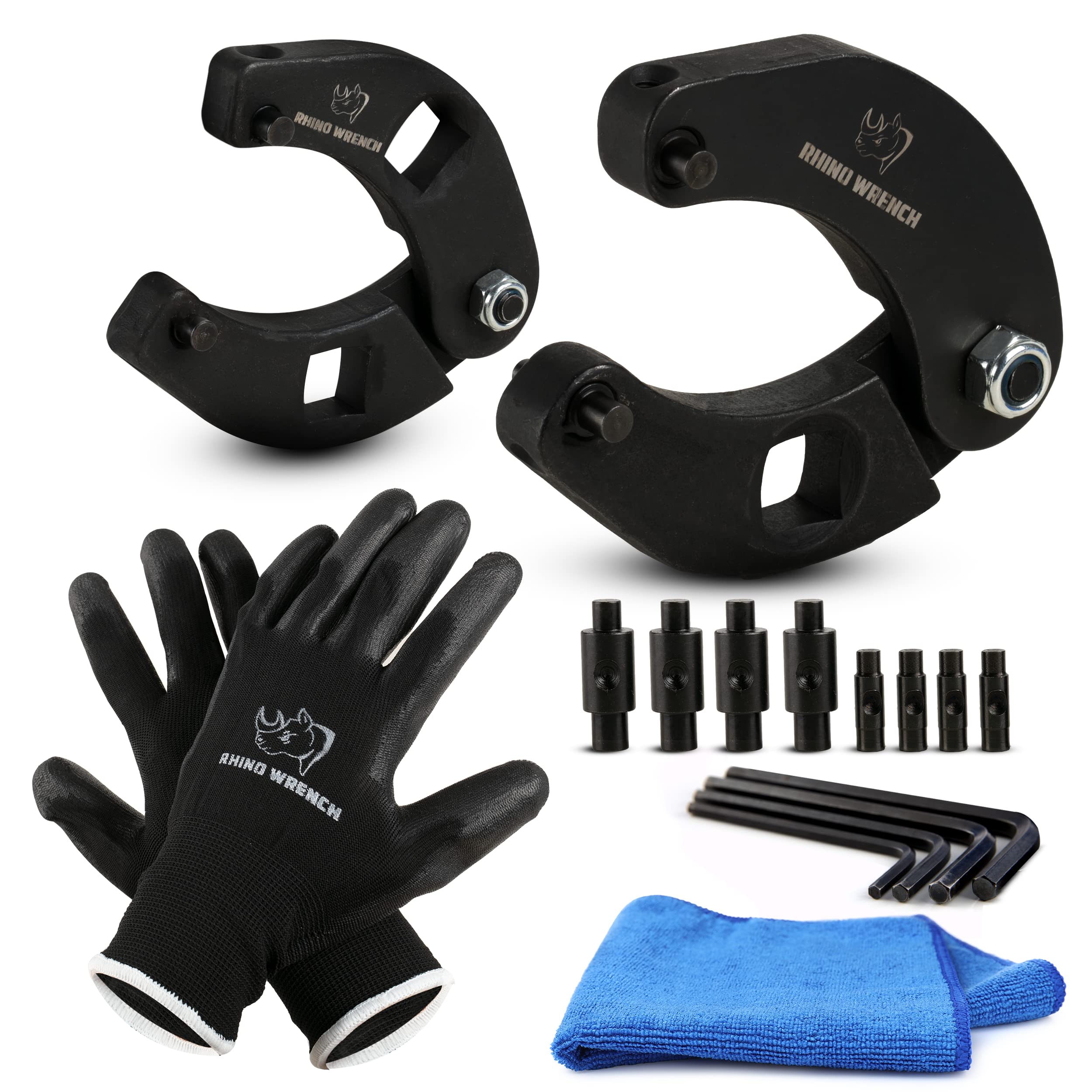 Rhino Gland Nut Wrench - Set of 2 Hydraulic Cylinder Spanner Wrench Adjustable - Spanner Wrench Set Includes Gloves, Microfiber Towel, Pins & Allen Wrenches, Suitable for Farm & Construction Equipment