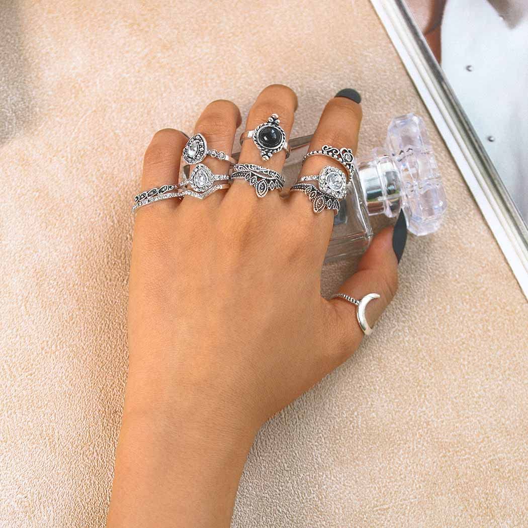 Woeoe 12 PCS Boho Knuckle Stacking Rings Silver Vintage Finger Rings Bling Crystals Moon Midi Rings for Women