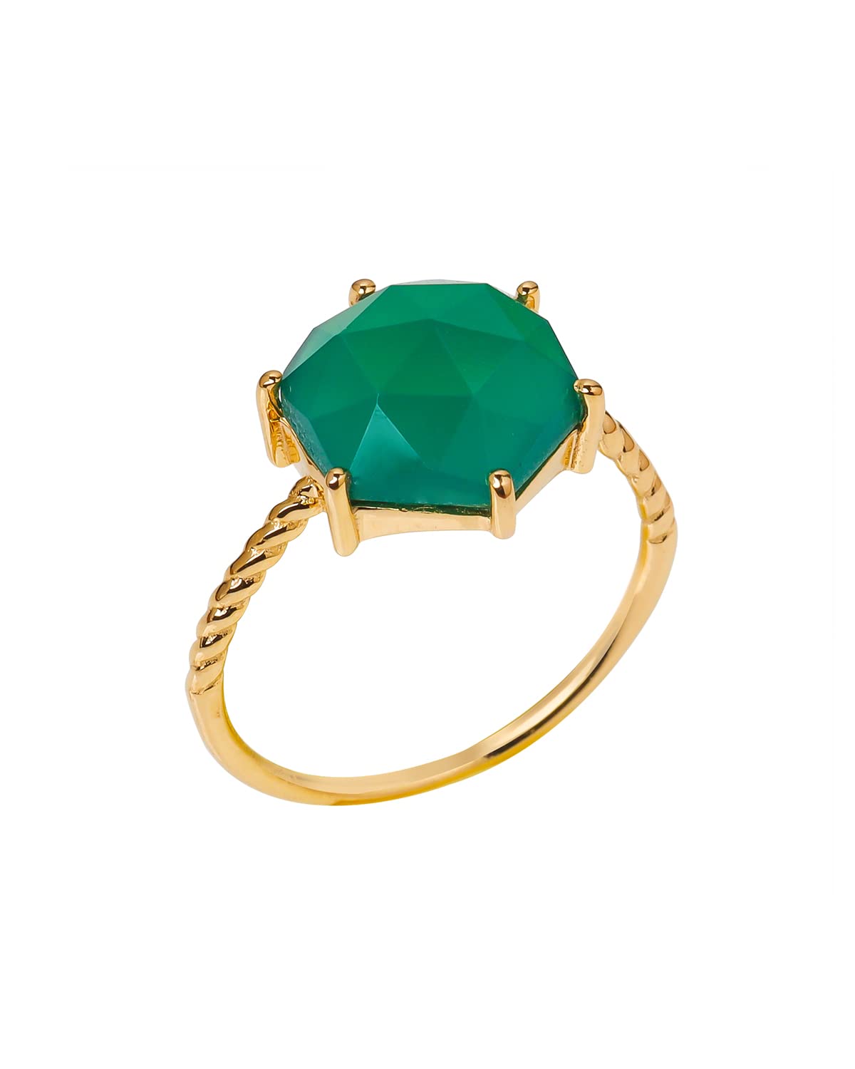 YoTreasure Natural Green Onyx Hexagon Solitaire Ring Gold Plated over 925 Sterling Silver jewelry