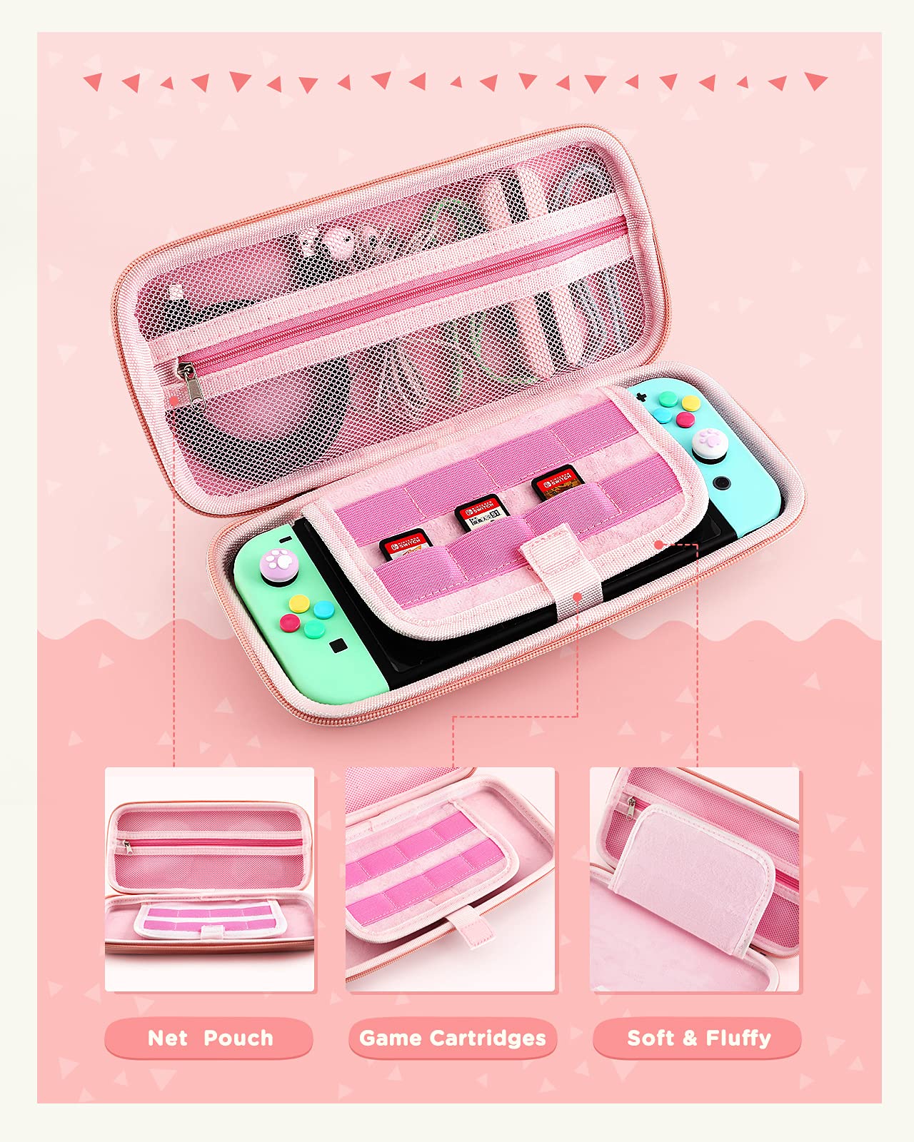 Vivefox Switch Carrying Case, Portable Travel Case Cover Compatible with Nintendo Switch, Protective Case Switch Storage Bag Hard Shell with Game Card Slots, Pink