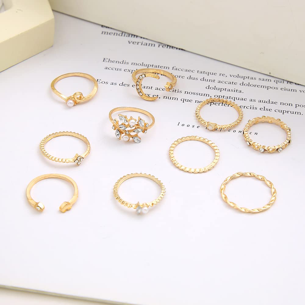 ZZ ZINFANDEL 9-10pcs Bohemian Knuckle Stacking Rings, Women Multiple Stackable Rhinestone Pearl Flowers Joint Finger Rings Dainty Stack Gold Midi Rings Set (adjustable) (D)