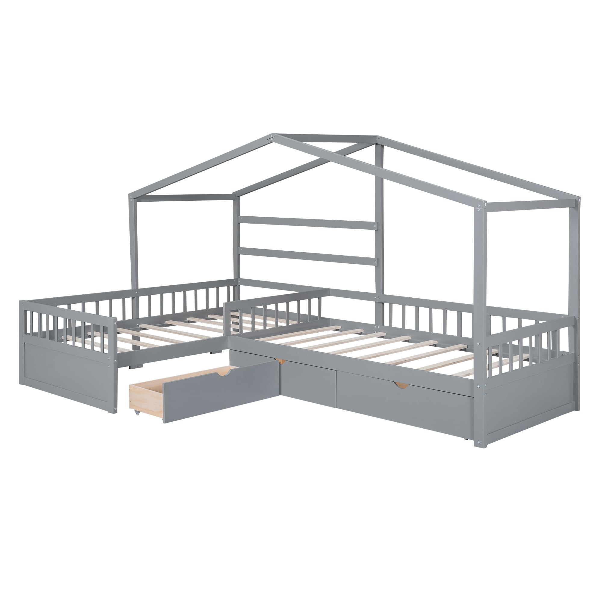 PRNDOLE Twin Size House Platform Bed with 3 Storage Drawers,L Shape Platform Beds for Children,Gray