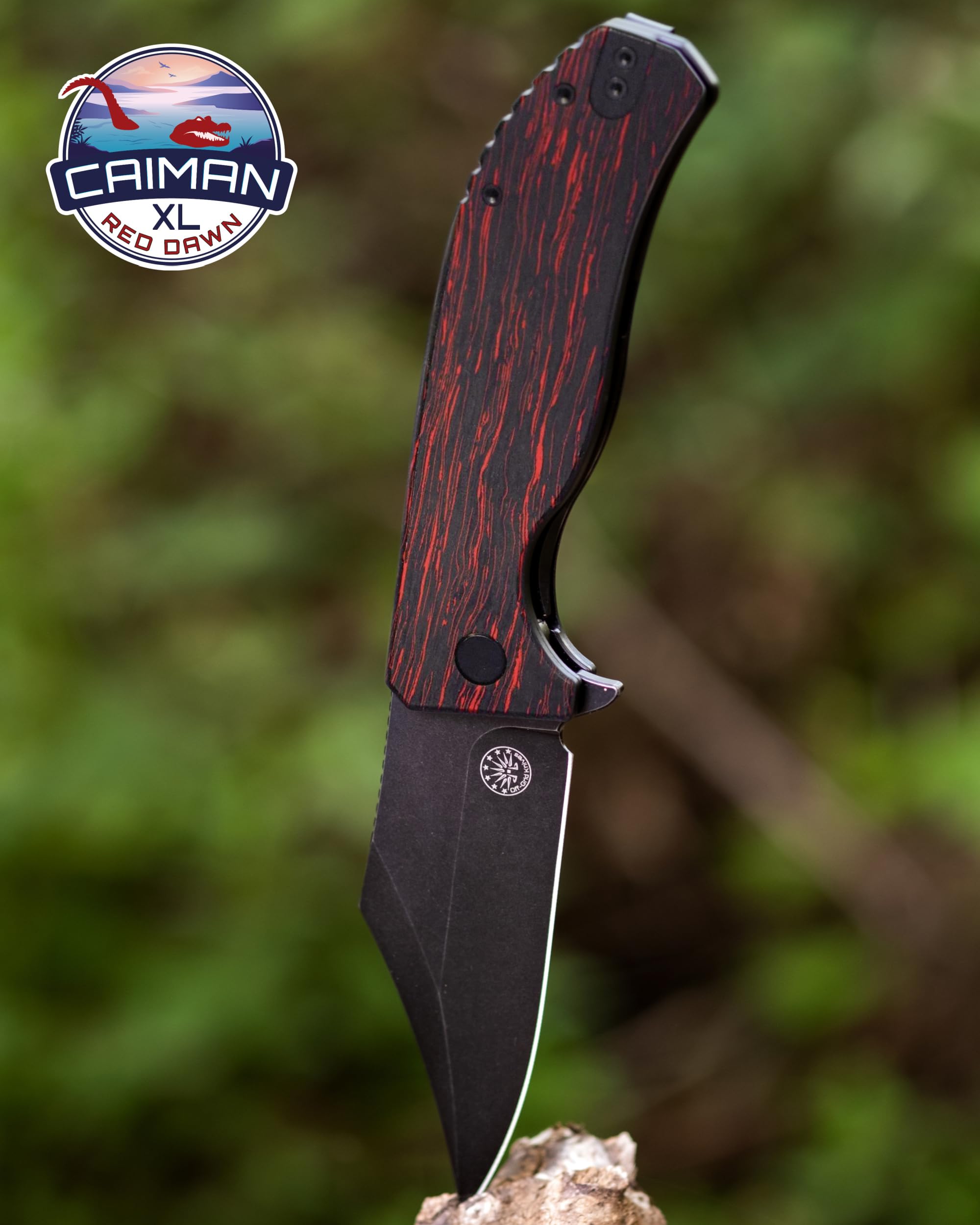 Off-Grid Knives - Caiman XL Red Dawn Edition, Folding Knife with Large Bowie Blade, Sandvik 14C28N Steel, Red & Black G10 Scales, Deep Carry Clip, Left & Right Carry