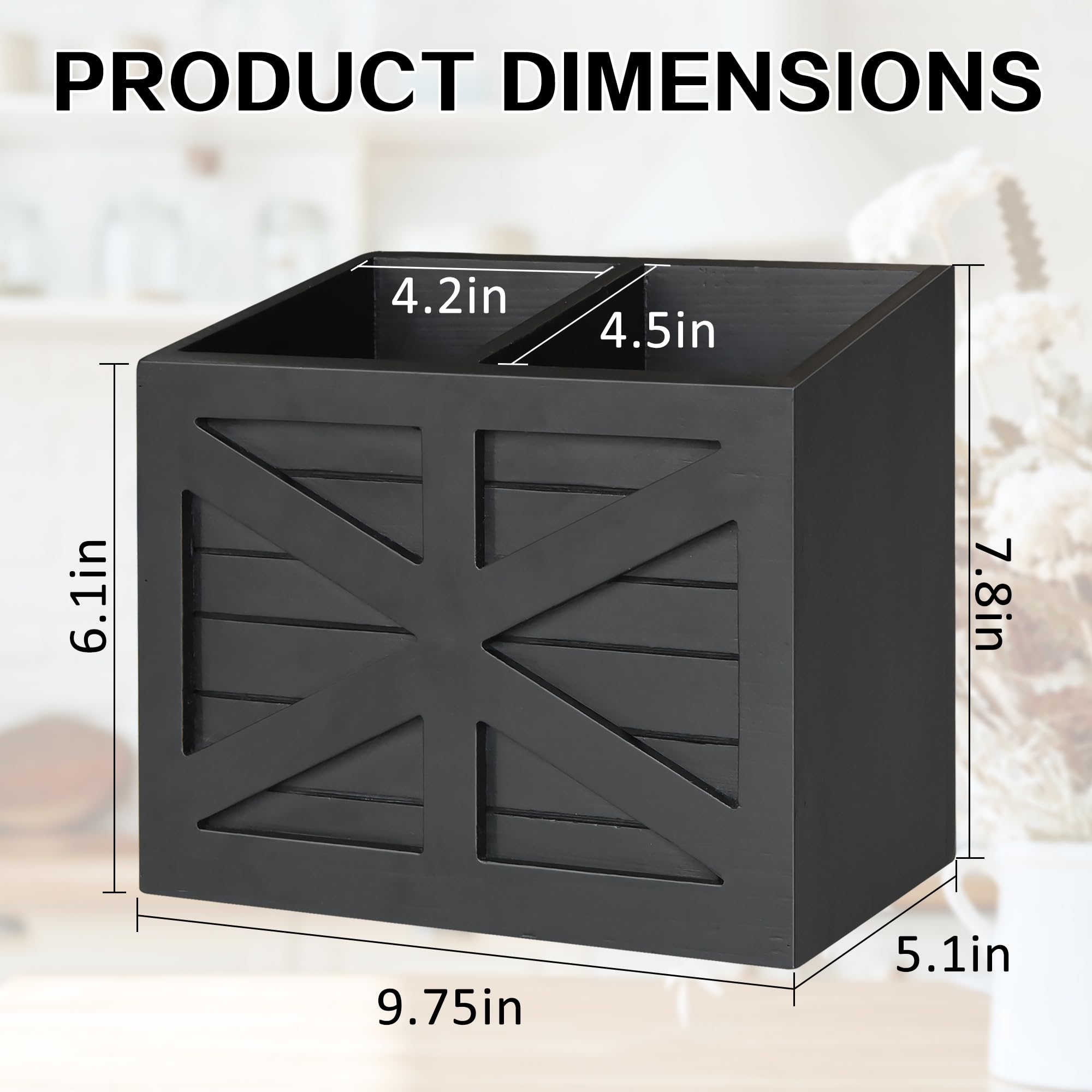 Uipame Wood Utensil Holder, Large Kitchen Utensil Holder for Countertop, Cooking Utensil Organizer for Flatware, Black Utensil Caddy with 2 Compartments, Rustic Utensils Organizer for Kitchen Counter