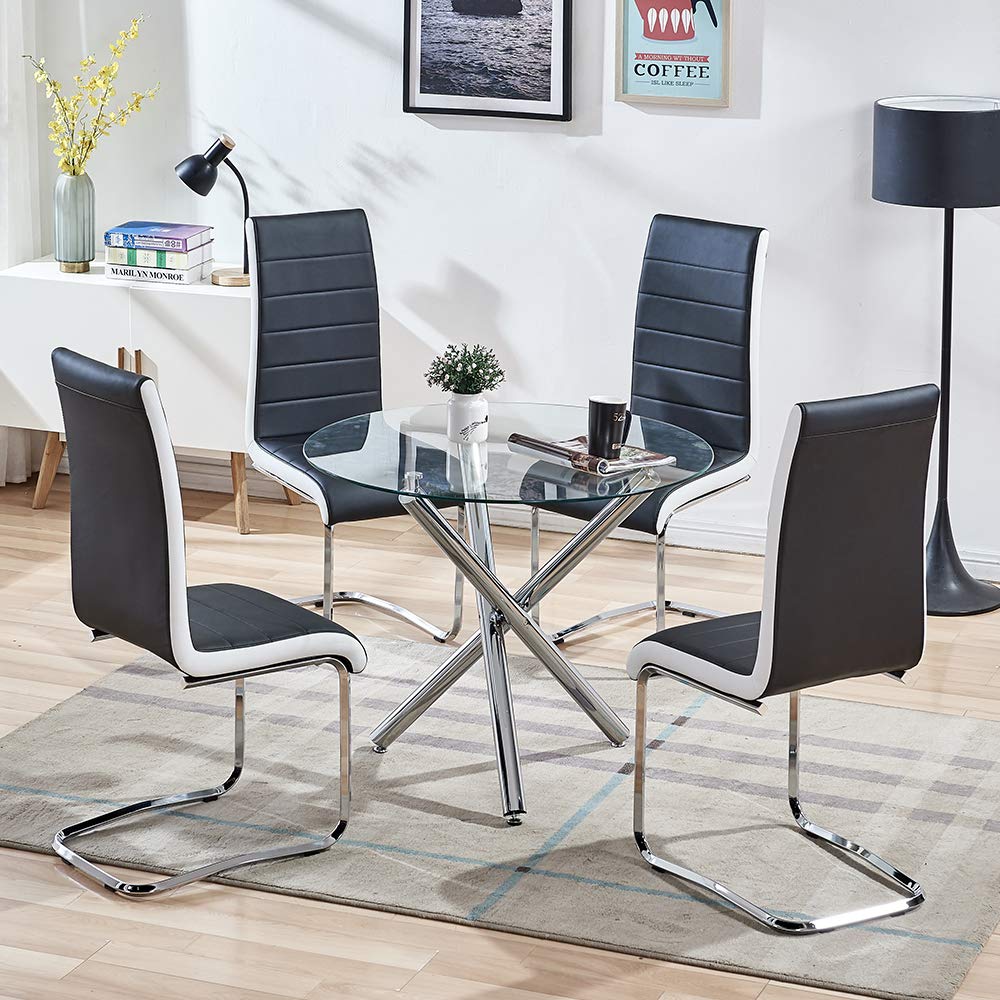 STYLIFING Dining Room Set Round Clear Glass Top Crisscrossing Chrome Metal Legs Kitchen Table and 4 Modern High Back Black Faux Leather Chairs Home Kitchen Office Waiting Room Use