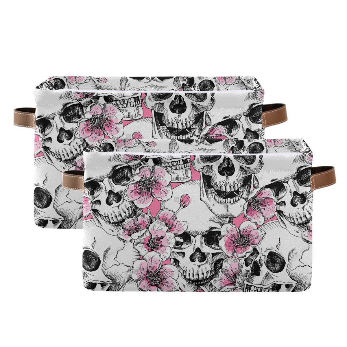 Skull and Cherry Blossoms Dog Toy Baskets Canvas Collapsible Box Chest Organizer for Laundry Hamper Toy Bins Gift Baskets Bedroom Clothes Baby