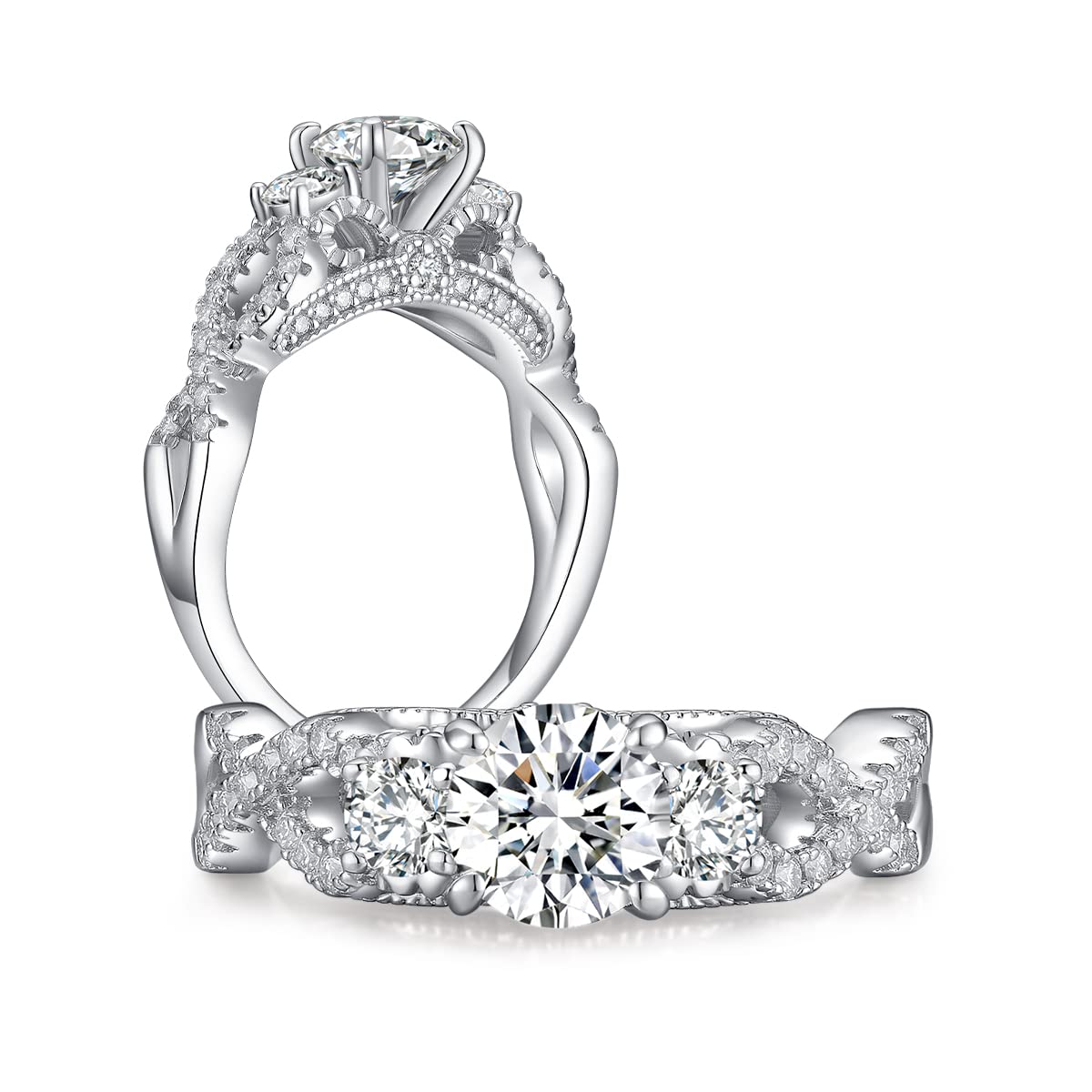ZLAEBL 1.8CT Engagement Rings for Women, Round Three Stone Moissanite Ring White Gold Plated Silver Moissanite Rings, Twisting Wedding Rings for Proposal Wedding,9