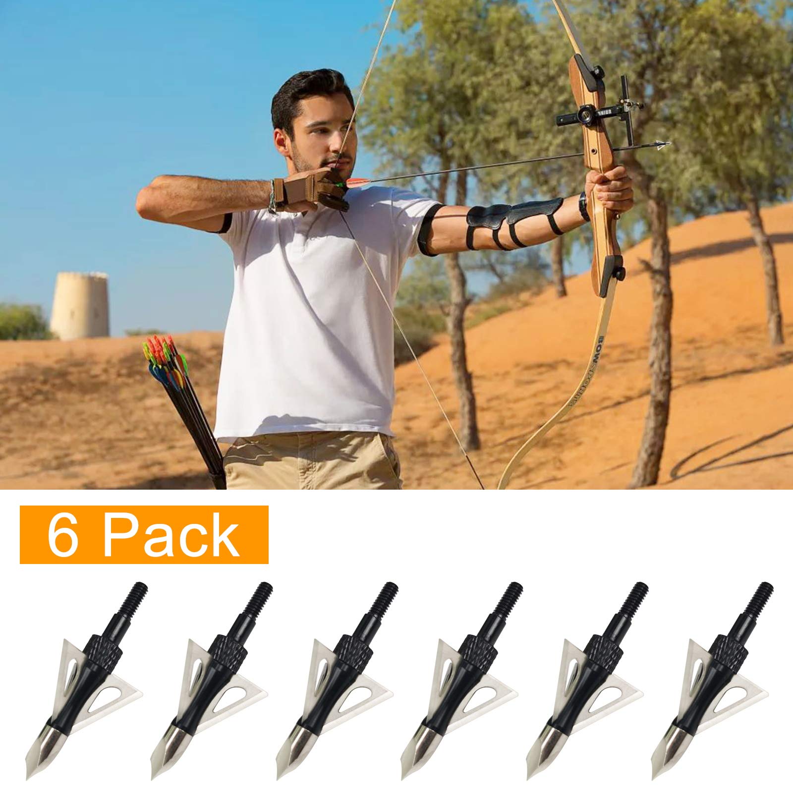 Tbrand Sharp Blades Arrowhead Archery Broadheads Hunting Arrow Crossbow Bolts and Compound Recurve Bow (Black, 6pcs)