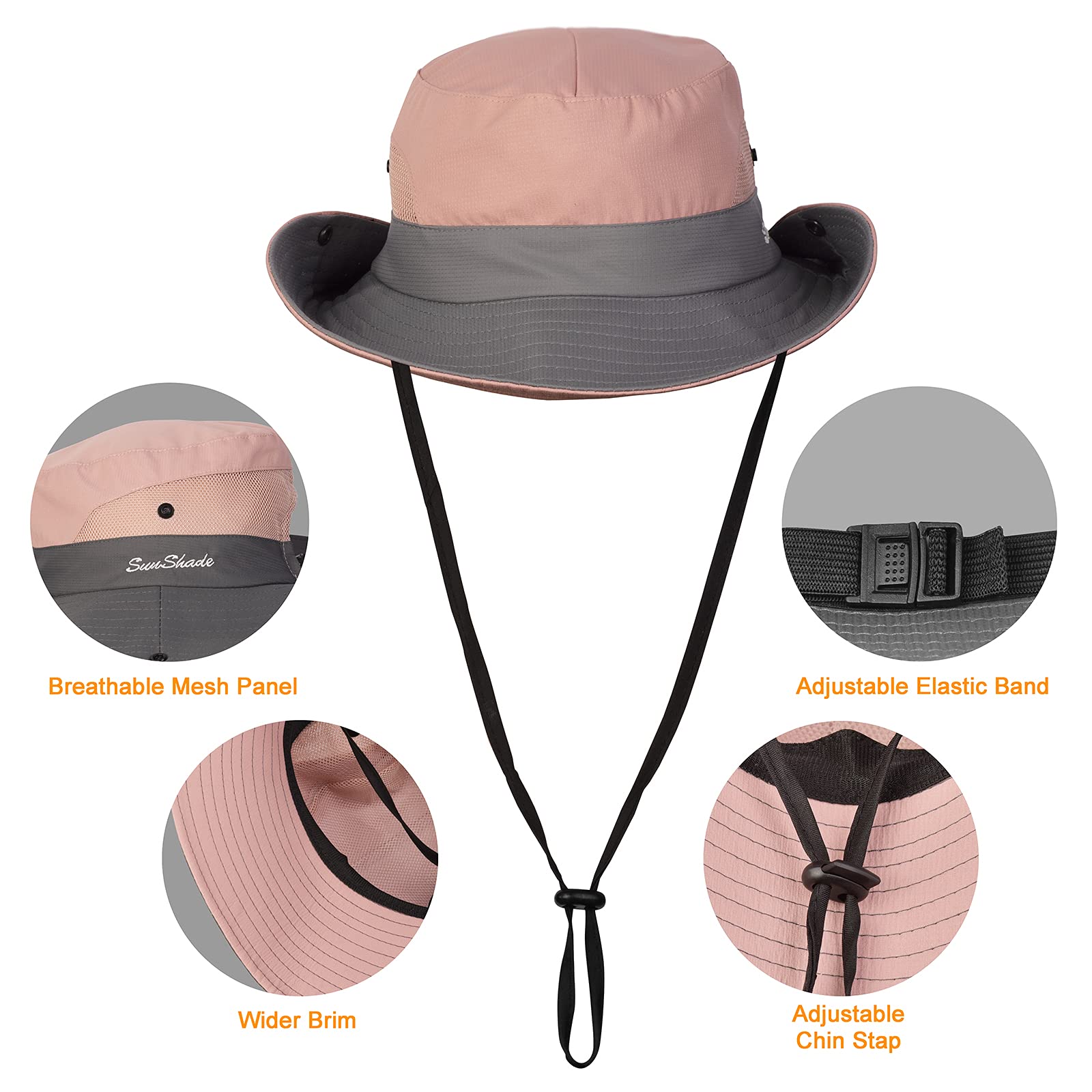 Tutuko Womens Wide Brim Sun Hats Foldable UV Protection Beach Bucket Hats Ponytail Mesh Fishing Hat (Pink)