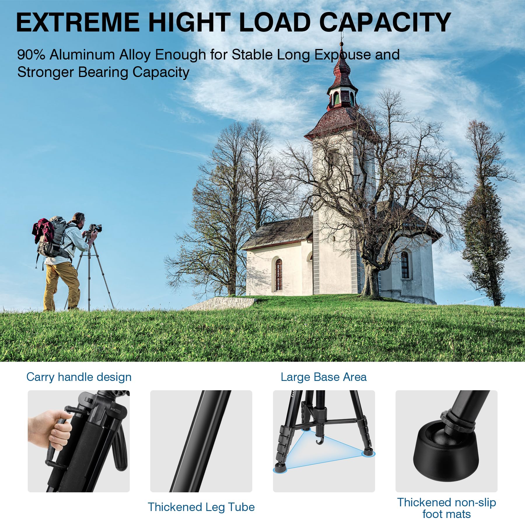 Tripod for Camera, 75 inch Tall Camera Tripod with Remote, Professional Heavy Duty Tripod for DSLR, Spotting Scopes, Binocular, Cell Phone, Compact Camera Stand Tripod, Compatible with Canon Nikon