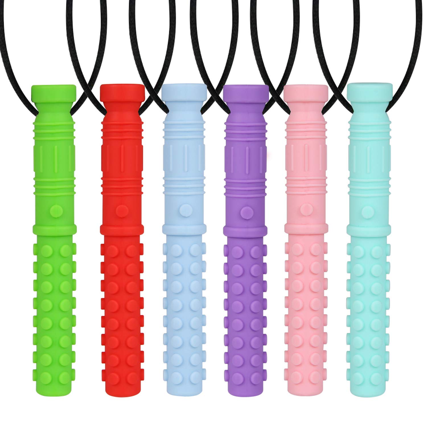 SLGOL Sensory Chew Necklace for Sensory Kids, 6 Pcs Bundle Oral Sensory Chew Toys,Chewing Pendant,Silicone Teether Chewing Necklace,Designed for Autism,Teething,ADHD,Biting,Oral Motor Teething Baby