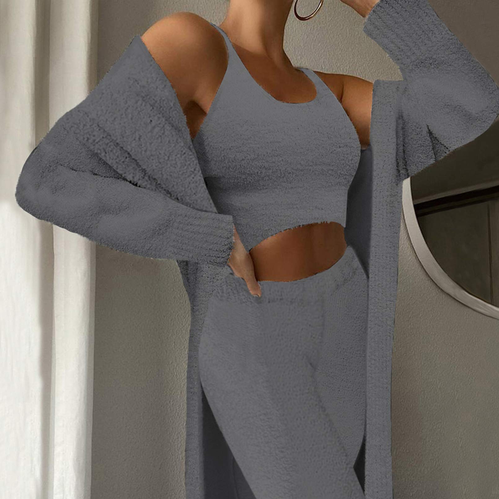 VamJump Women Loungwear Set 3 Pcs PJ Set Solid Vest Tops Wide Leg Pants and Kimono Cardigan,Dark Grey,M
