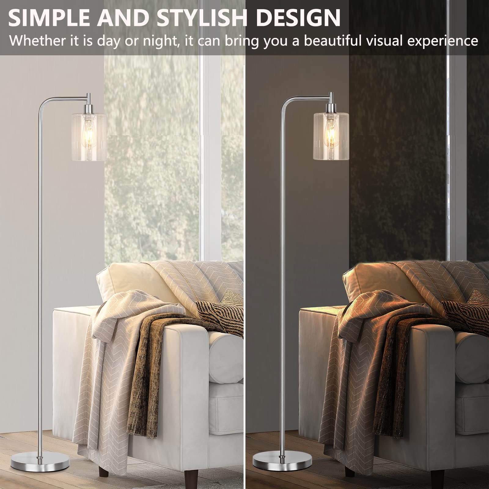 QiMH Industrial Floor Lamp for Living Room, Modern Standing Lamp with HD Glass Lampshade and Pedal Switch, 67” Tall Pole Light for Bedroom Study Room, Brushed Silver (2700K LED Bulb Included)
