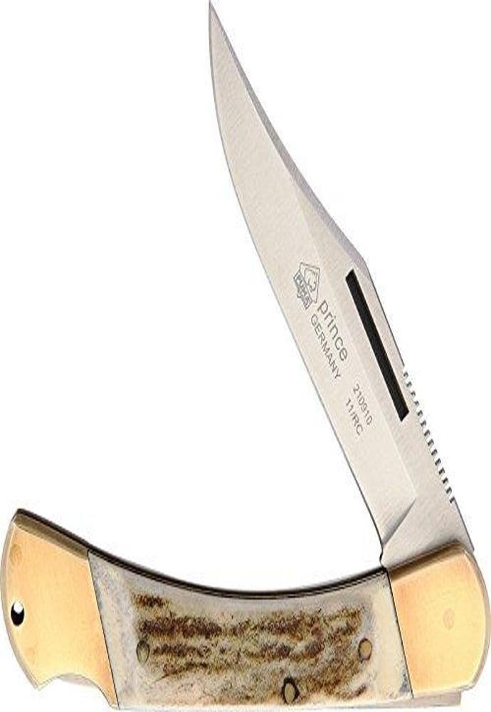 PUMA® Prince, Stag Pocket Folding Knife - Spanish 1.4116 Steel - Clip Point Style - 3.7” blade, 1/8” thick, total length closed 4.9”, open 8.7” - Lock Back Folder