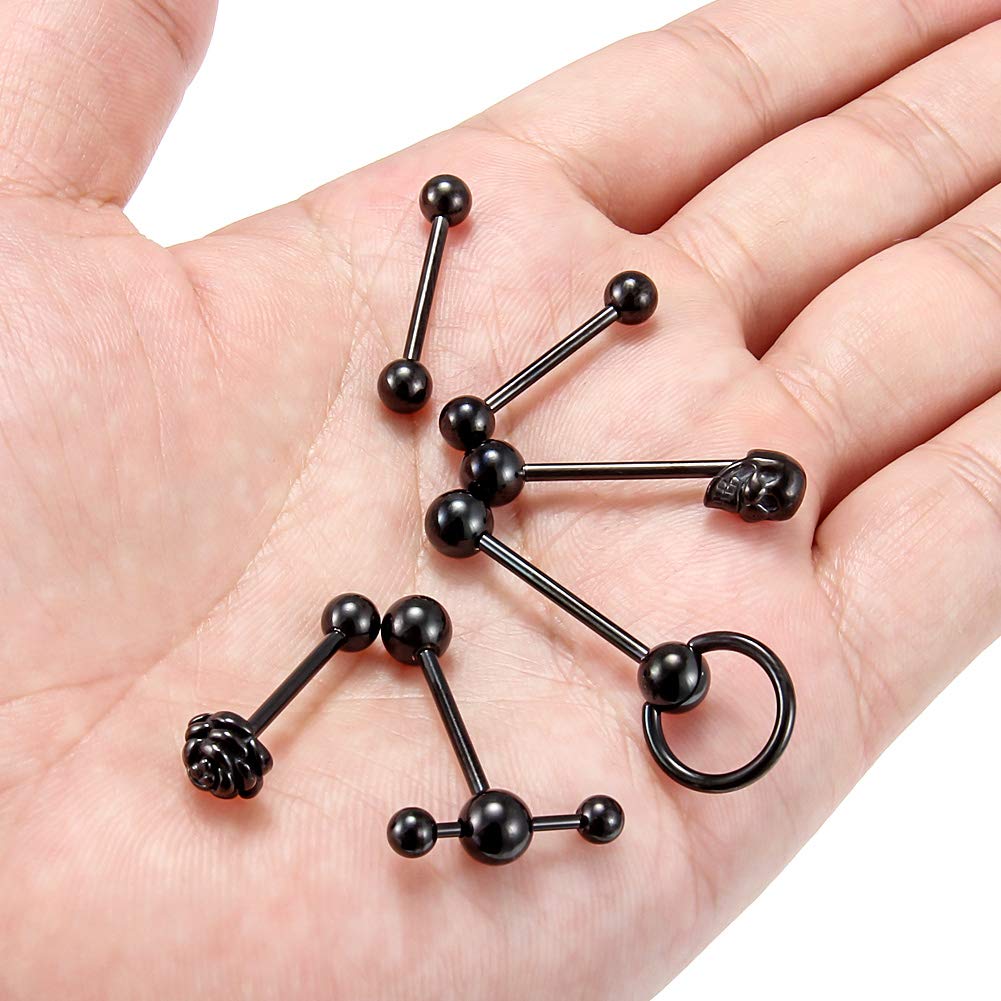 SCERRING 6PCS 14G Stainless Steel Rose Skull Door Lock Tongue Teaser Double Barbell with Slave Ring Nippleings Ring Body Piercing Jewelry Black