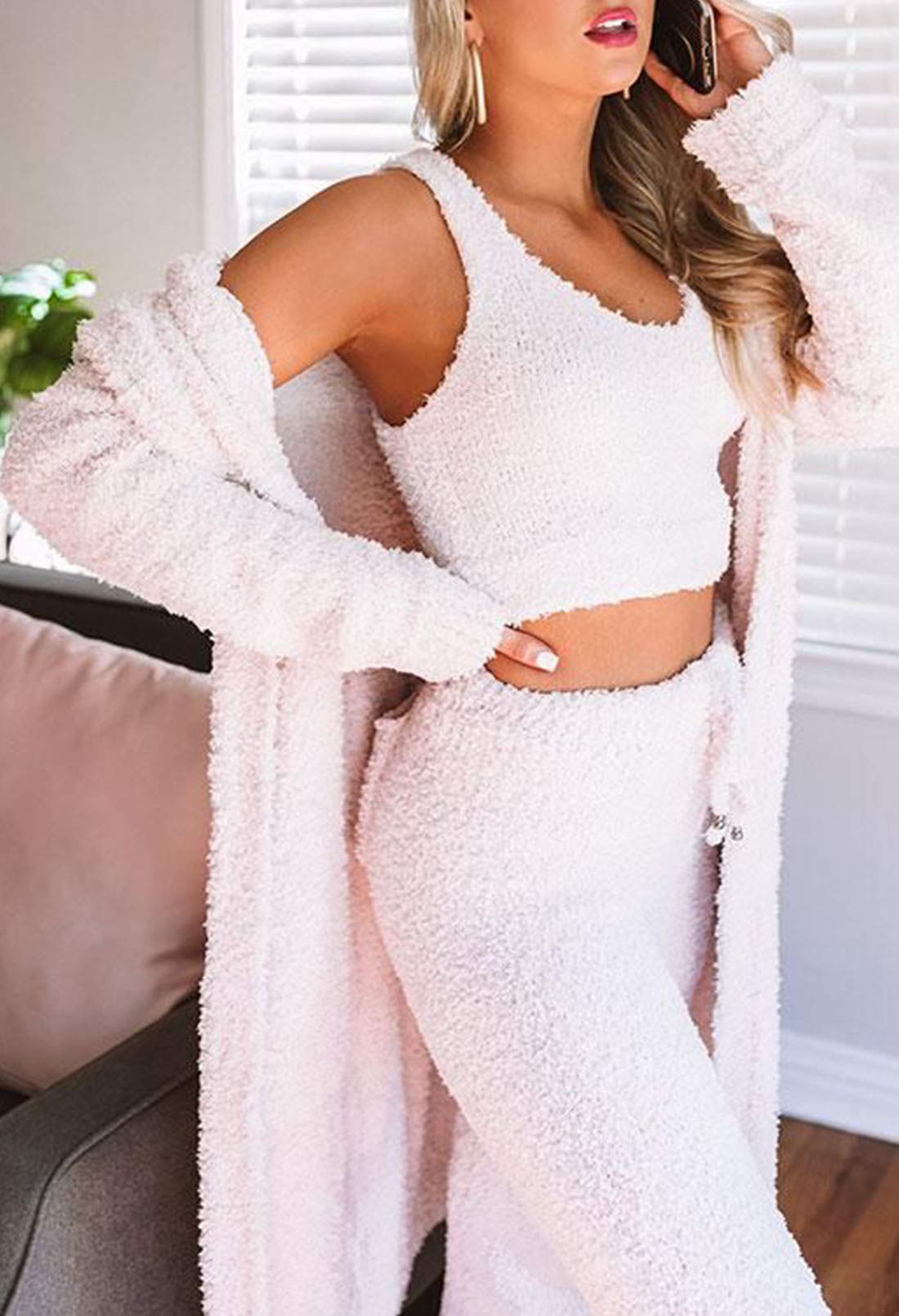 VamJump Womens 3 Piece Pajama Set Scoop Neck Vest Tops High Waist Pants Open Front Cardigan Set,Pink,S