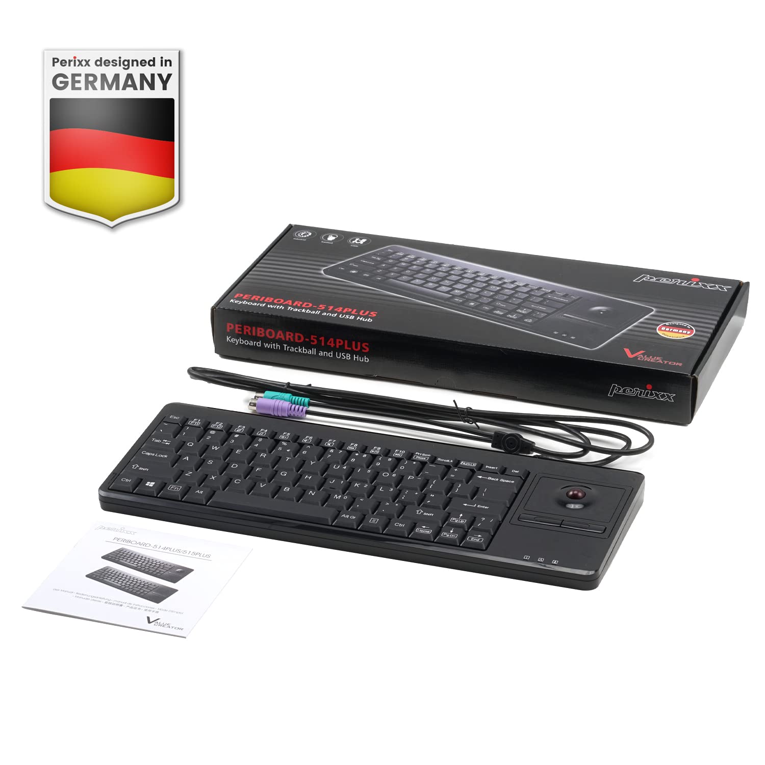 Perixx PERIBOARD-514 Plus Wired PS2 Trackball Keyboard, Built-in Optical 1000 DPI Rollerball Mouse and Embedded Number Keys PS/2 Serial Keyboard, US English Layout, Black (11062)