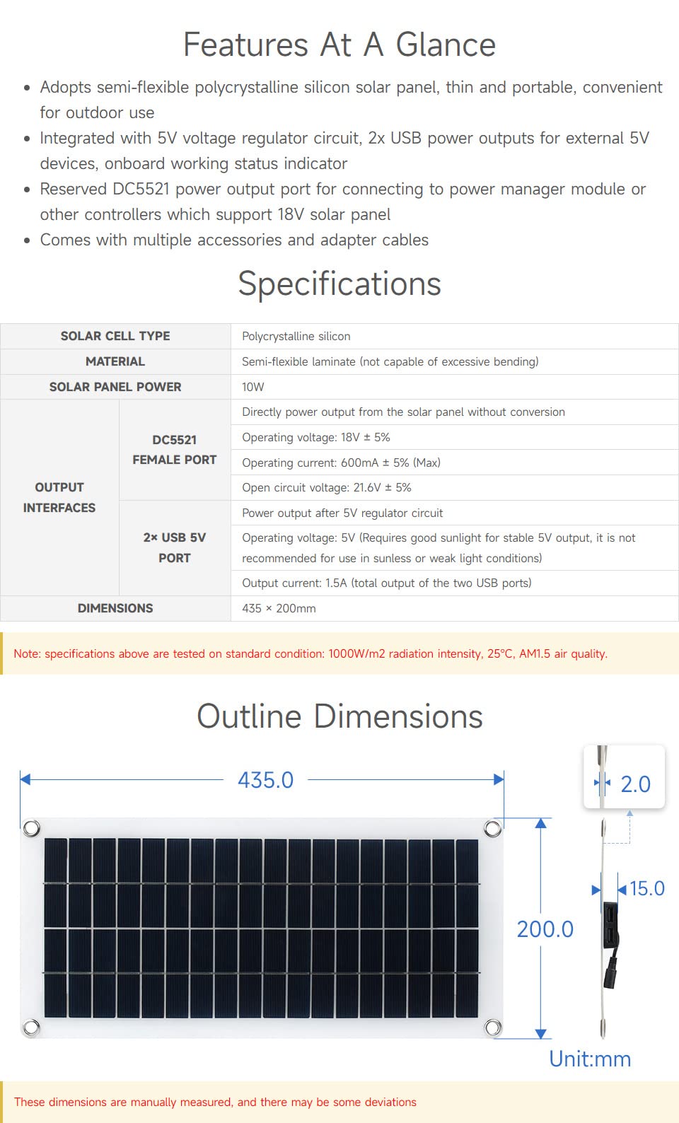 Waveshare Semi-Flexible Polycrystalline Silicon Solar Panel (18V 10W), Supports 5V Regulated Output