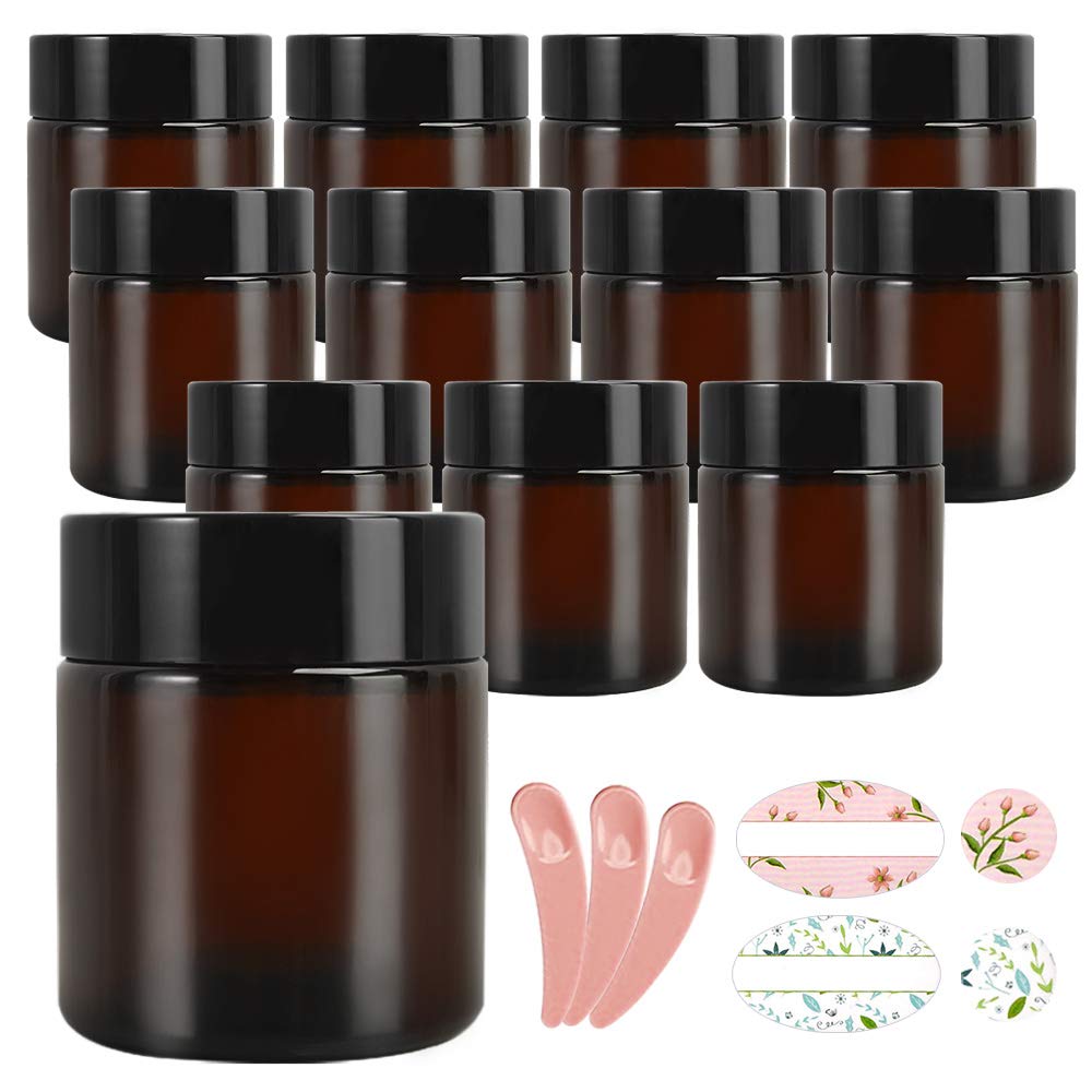 STARSIDE 12 Pack 120 ml 4 oz Amber Glass Jars with Black Lids & Inner Liners,Round Jars for Cosmetics and Face cream Lotion.