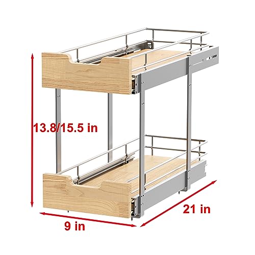 Sikarou Pull Out Cabinet Organizer,Heavy-Duty Slide Out Shelf, Wood And Wire Basket, Pull Out Drawer for for Kitchen Under Sink Space, Pantry, Bathroom, 2 Tie 14 * 21 IN