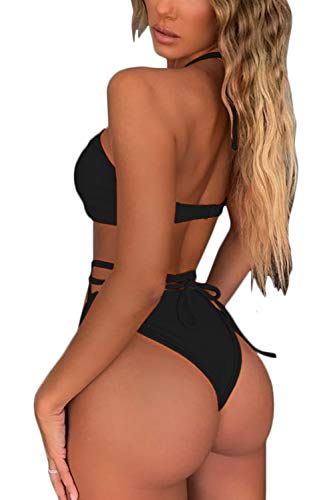 QINSEN Sexy Bikini Swimsuit for Women Strap Criss Cross Two Piece Bathing Suit Cheeky Bottom Black S