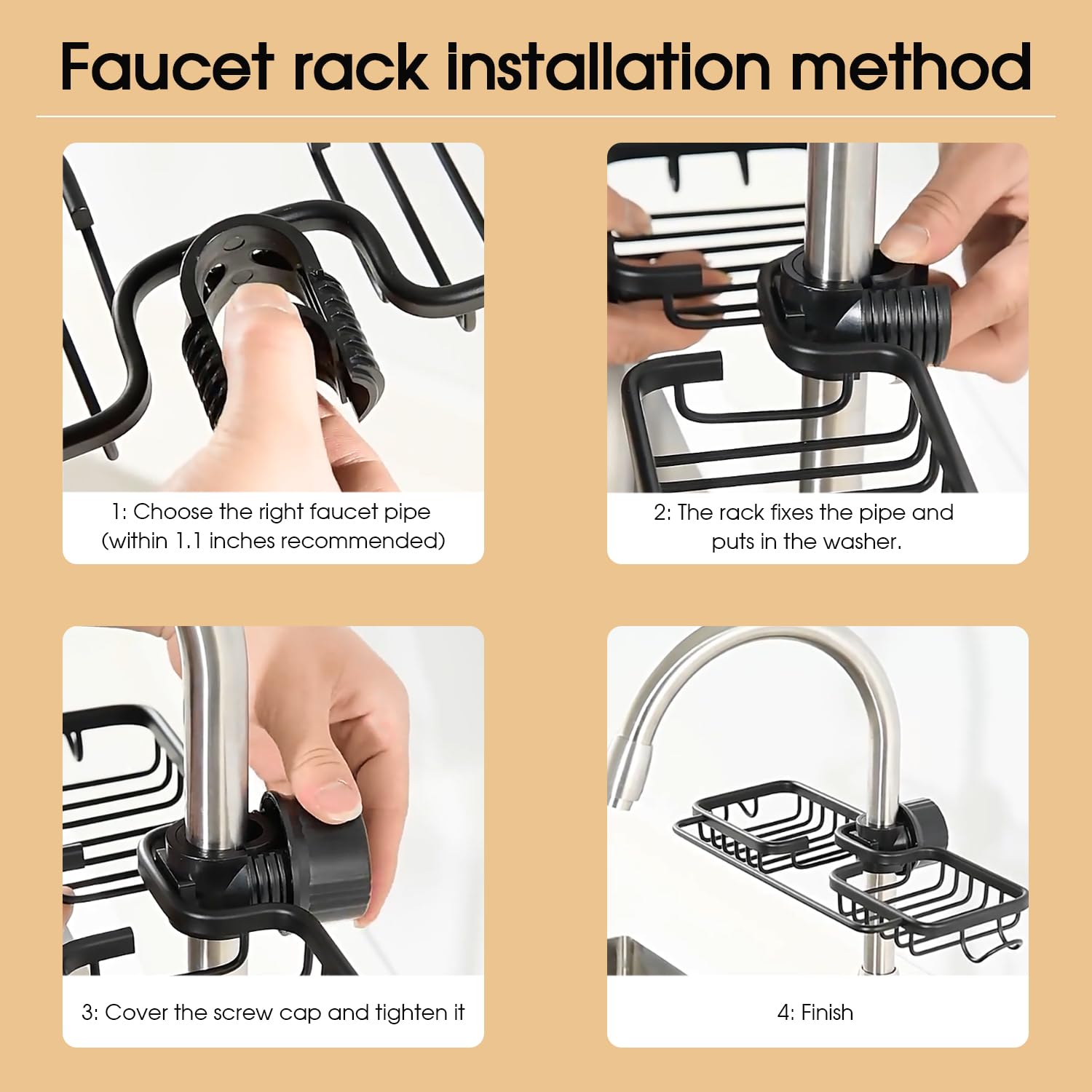 UOWGA Faucet Holder Kitchen Bathroom Faucet Holder Faucet Sponge Holder Kitchen Sink Box Space Aluminum Removable Faucet Holder Double Sink with Hooks (Black)